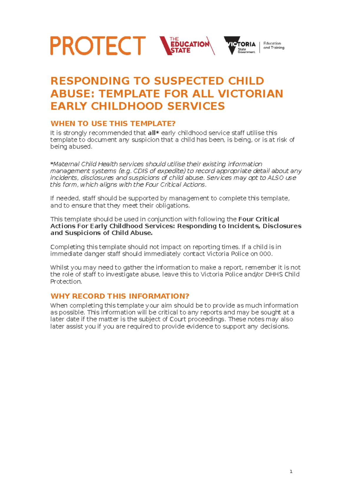 Early Childhood Reporting Template - RESPONDING TO SUSPECTED CHILD ...