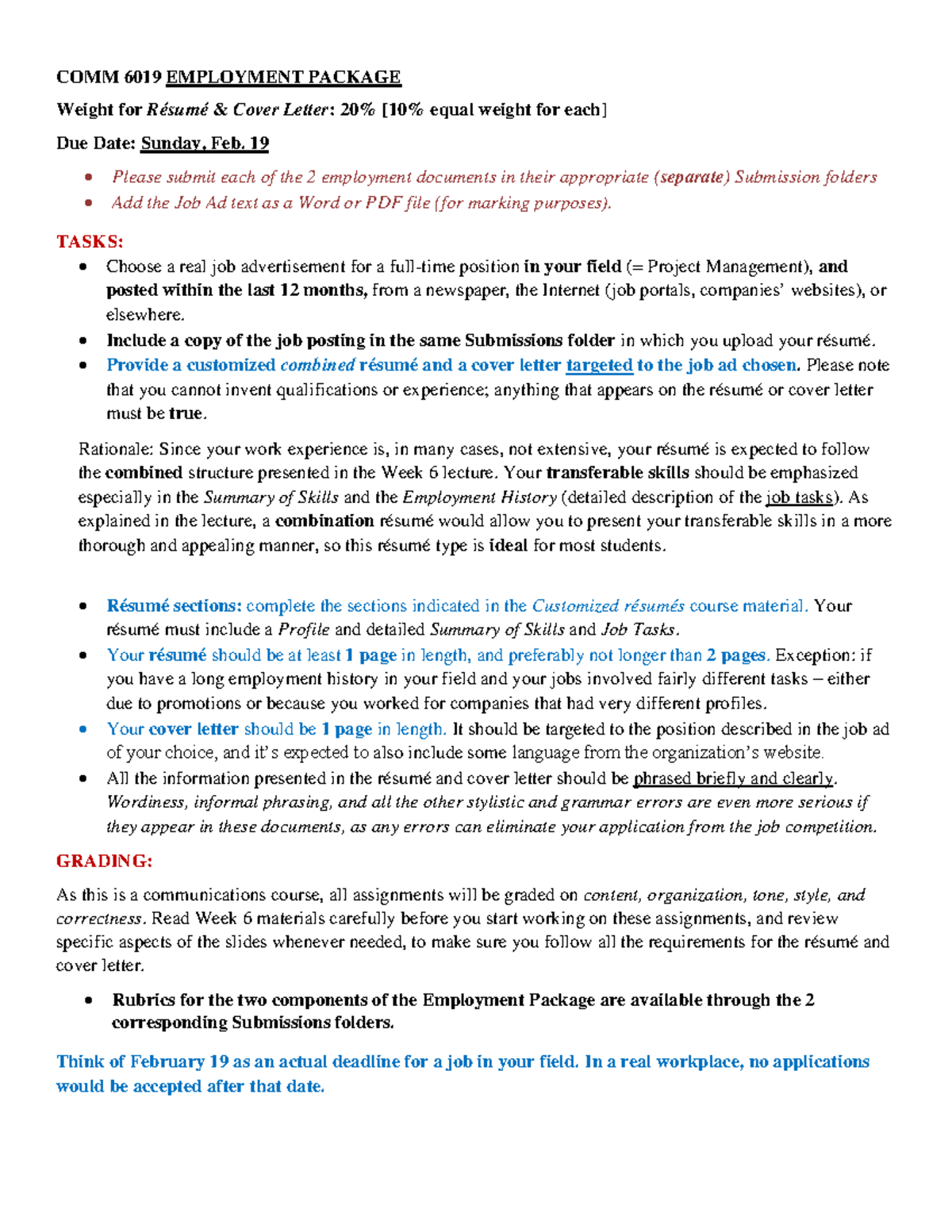 W6 Employment Package Assignment - COMM 6019 EMPLOYMENT PACKAGE Weight ...