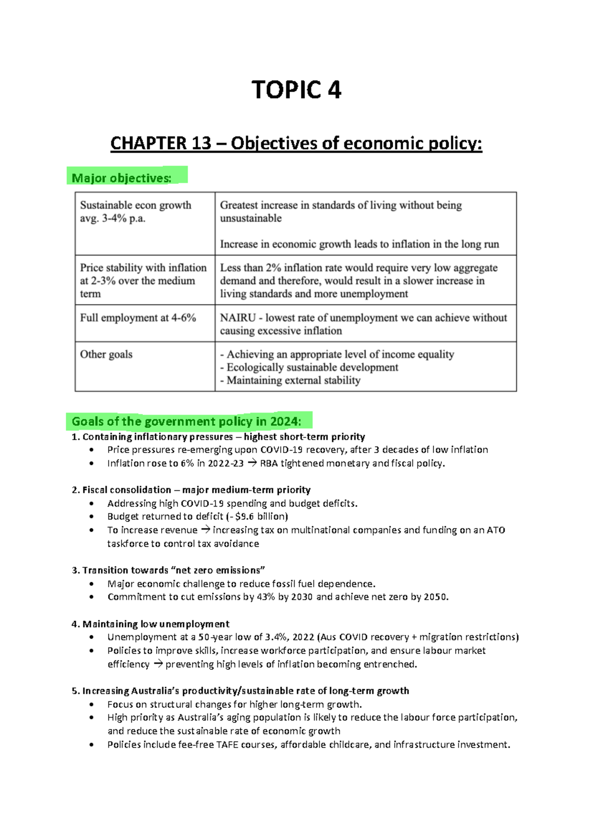 Topic 4 Notes ECO - TOPIC 4 CHAPTER 13 – Objectives of economic policy ...