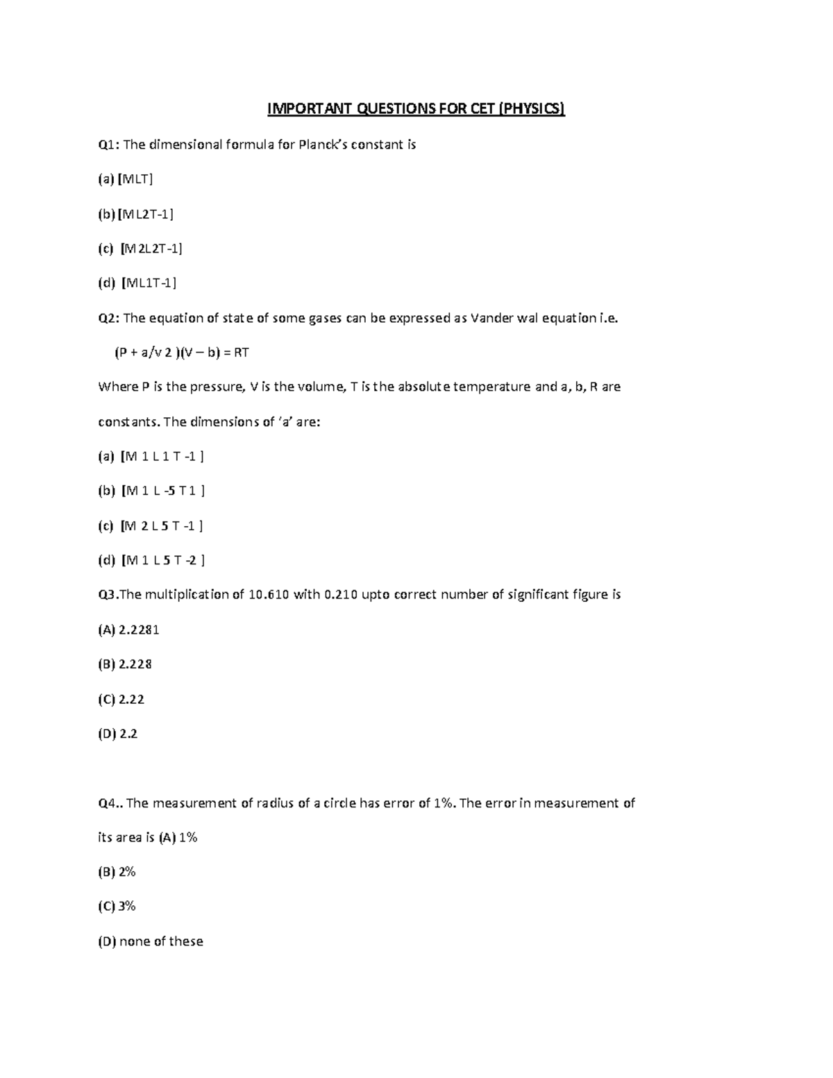 IMU CET Physics - To prepare exam. - IMPORTANT QUESTIONS FOR CET ...