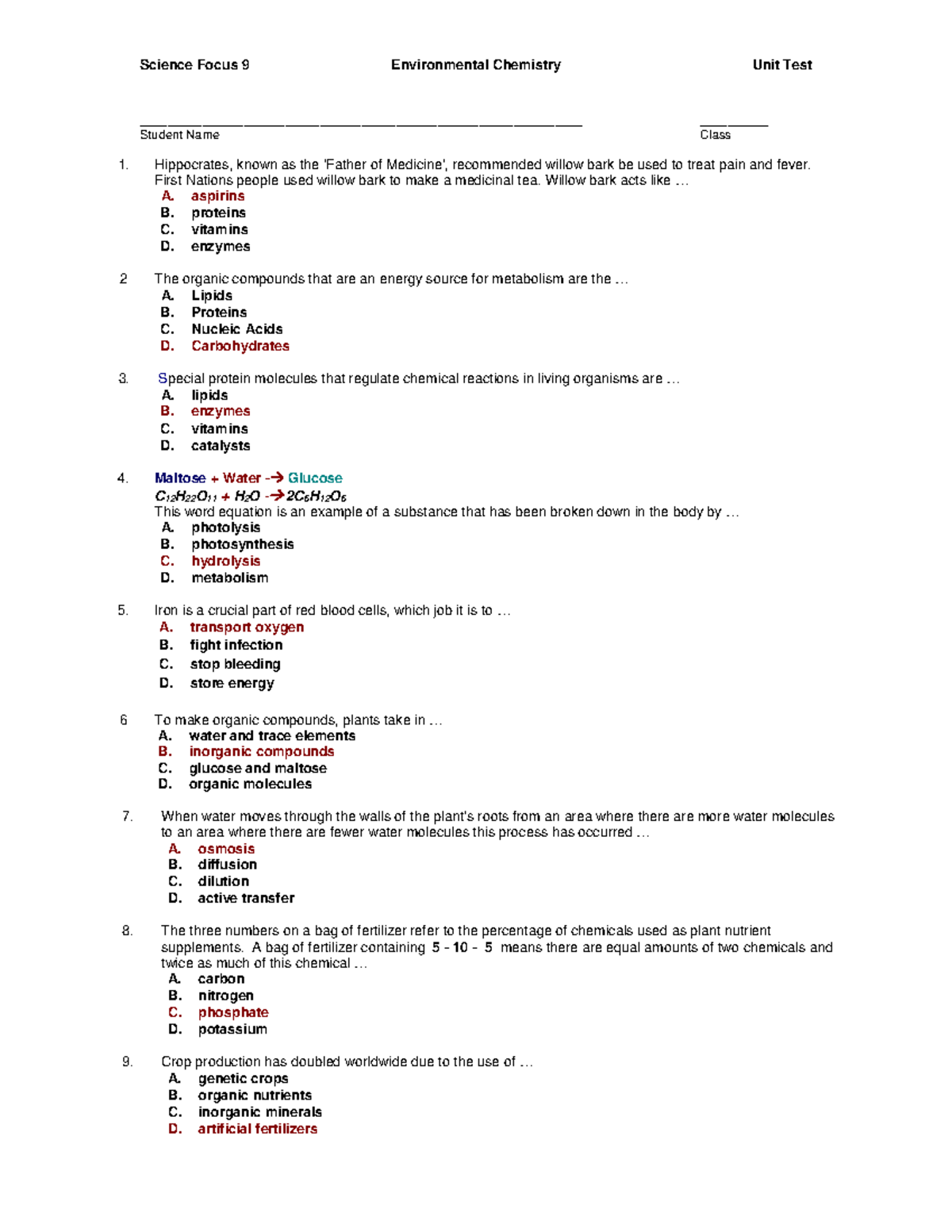 Notes 9-3 Environment Unit Test - Student Name Class Hippocrates, known ...