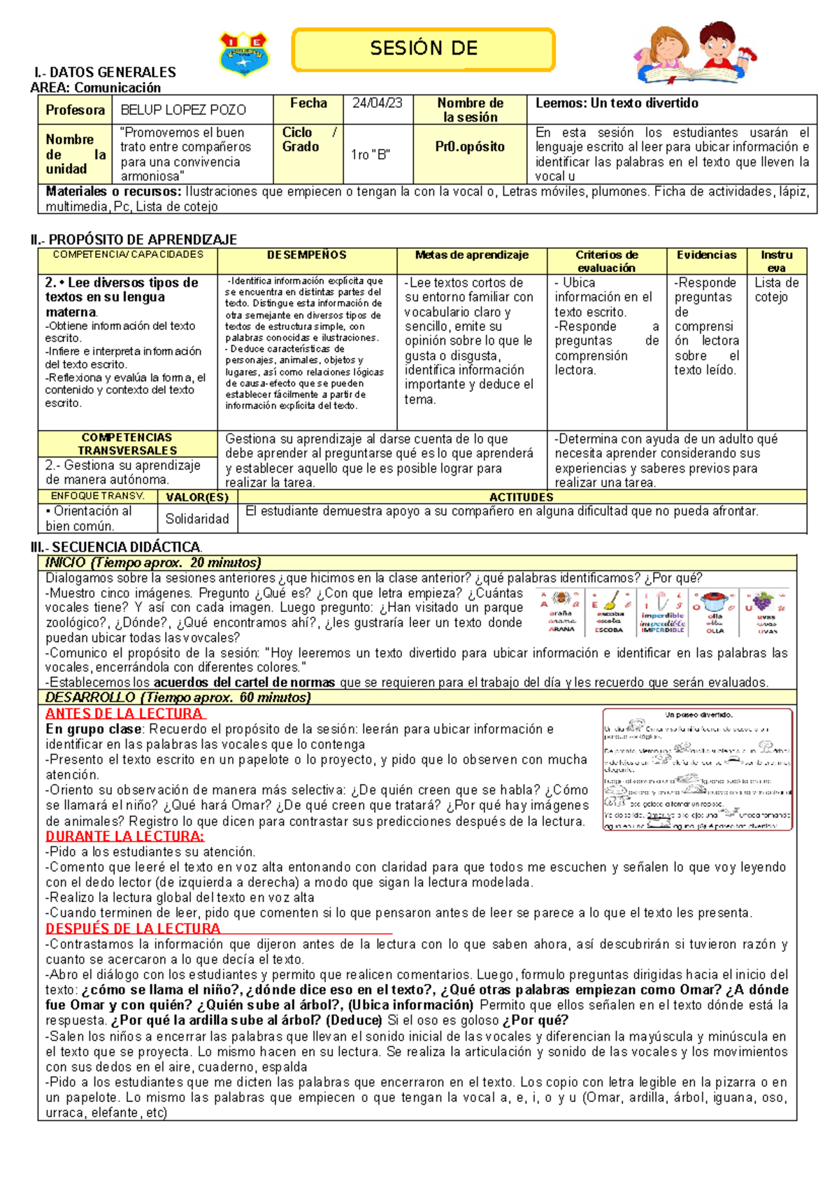 Sesion COMU Lunes 24 - I.- DATOS GENERALES AREA: Comunicación Profesora ...