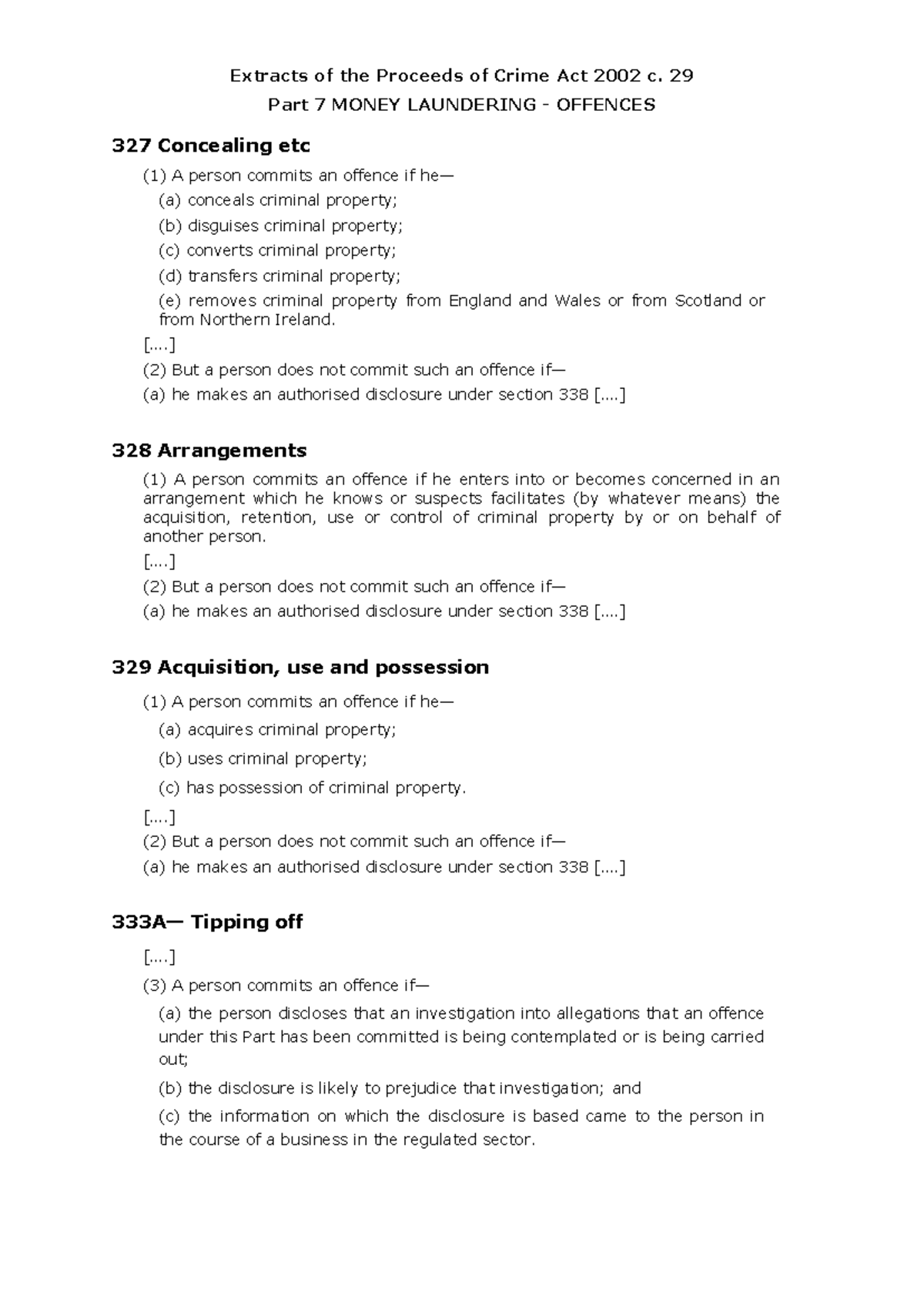 Seminar 19 Proceeds of Crime Act extracts - Extracts of the Proceeds of ...