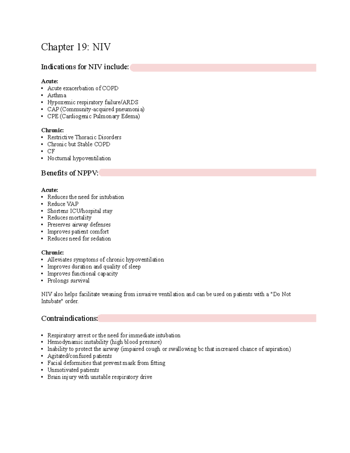 Mv5 - Lecture notes 5 - Chapter 19: NIV Indications for NIV include ...