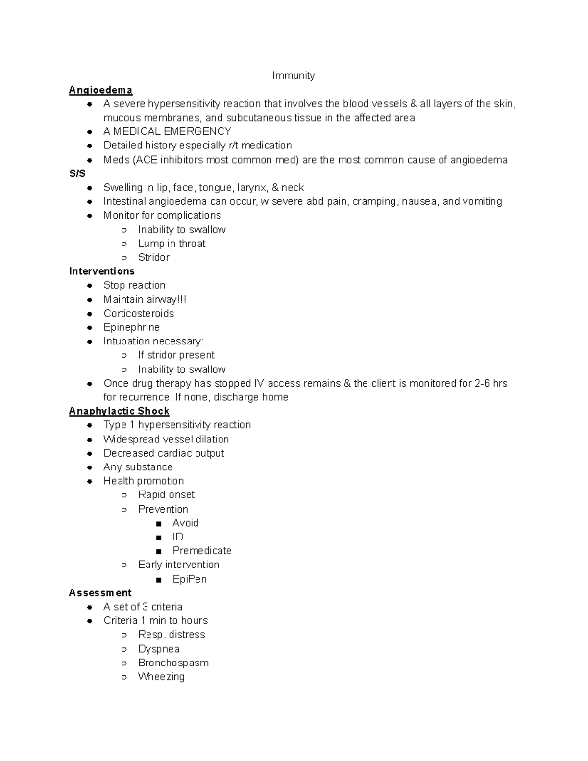 Immunity - Unit exam study guide - Immunity Angioedema A severe ...