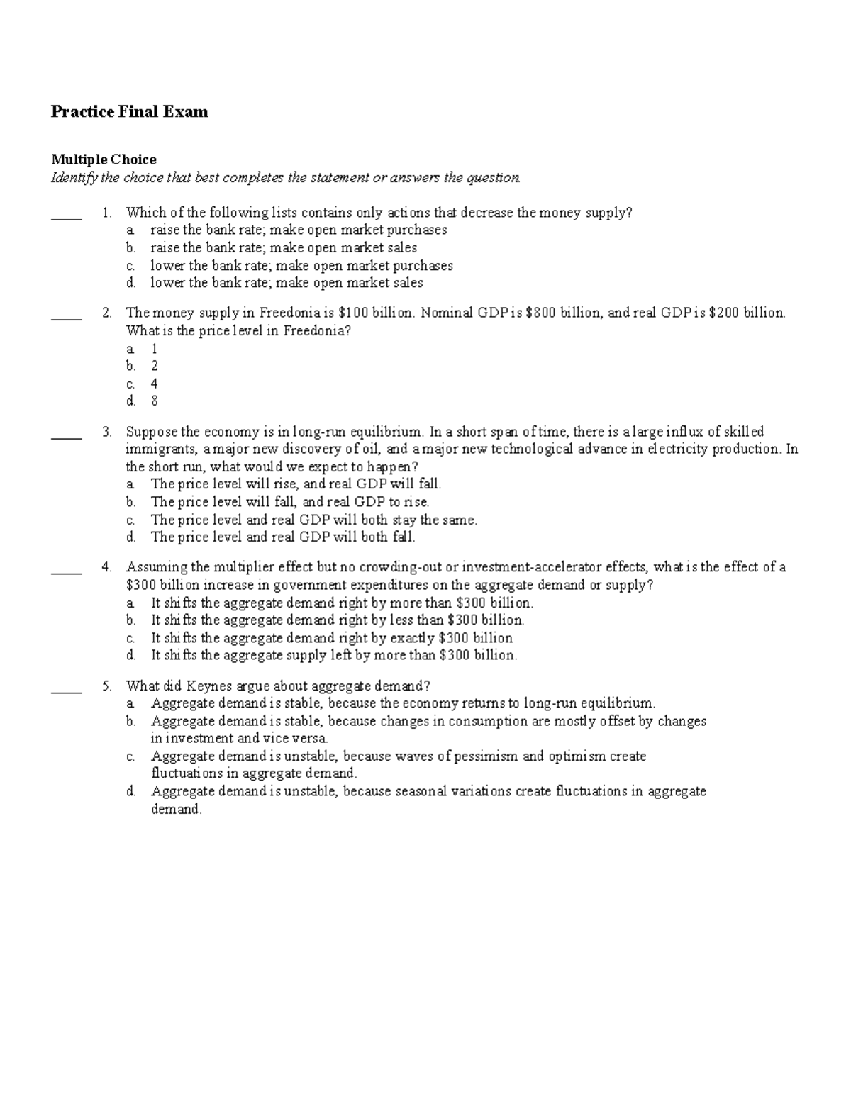 Sample/practice exam 2012, questions and answers - Practice Final Exam ...