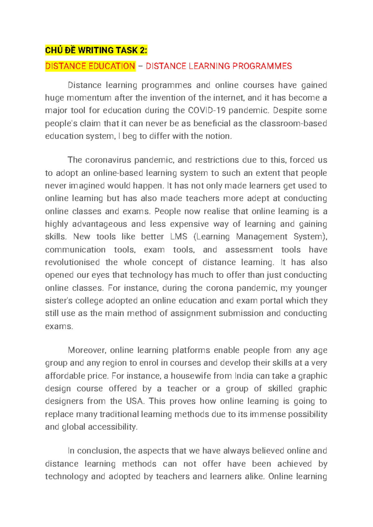 CHỦ ĐỀ Writing lần 1 English 1 - CHỦ ĐỀ WRITING TASK 2: DISTANCE ...
