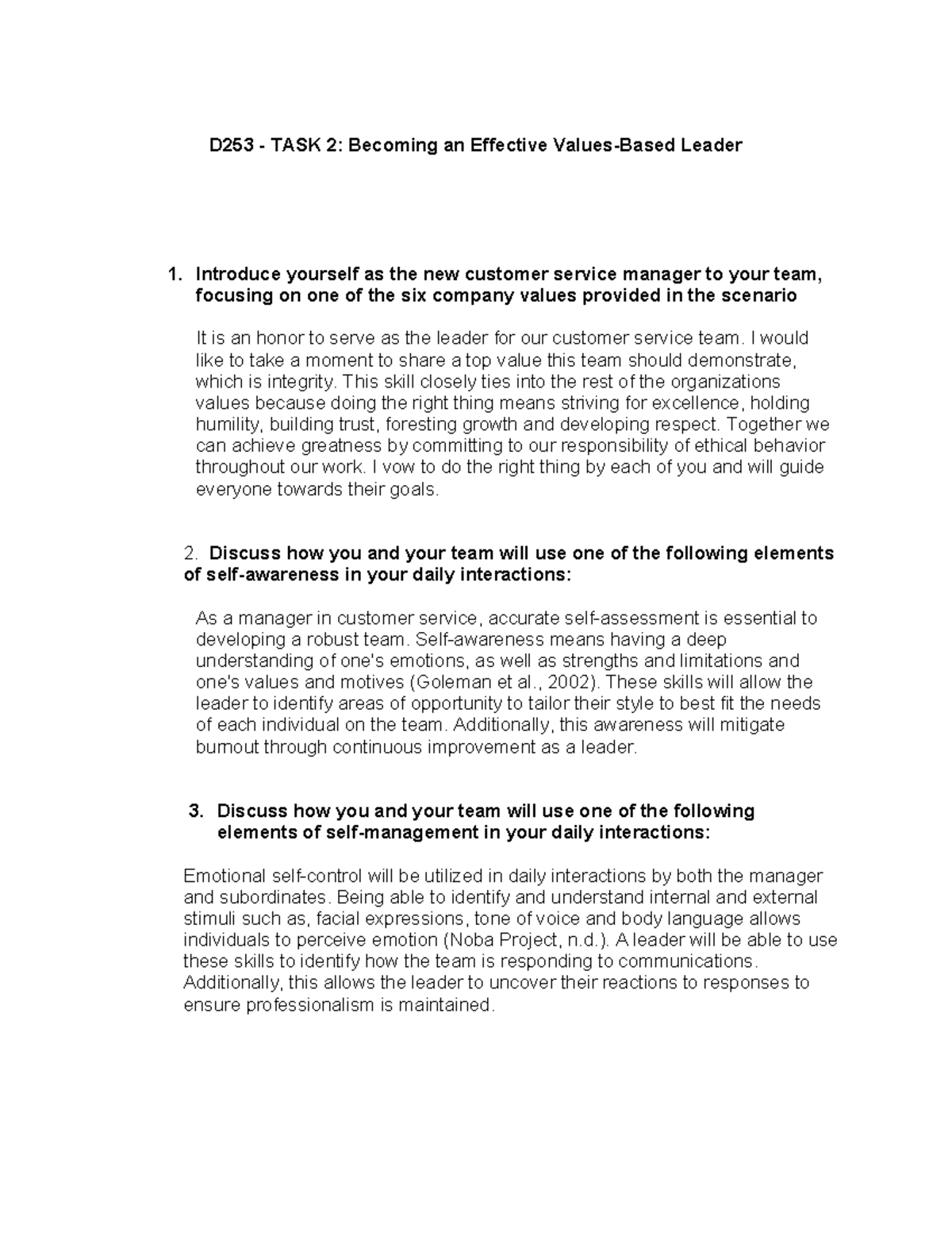 D253 - Task 2 - Passed - D253 - TASK 2: Becoming an Effective Values ...