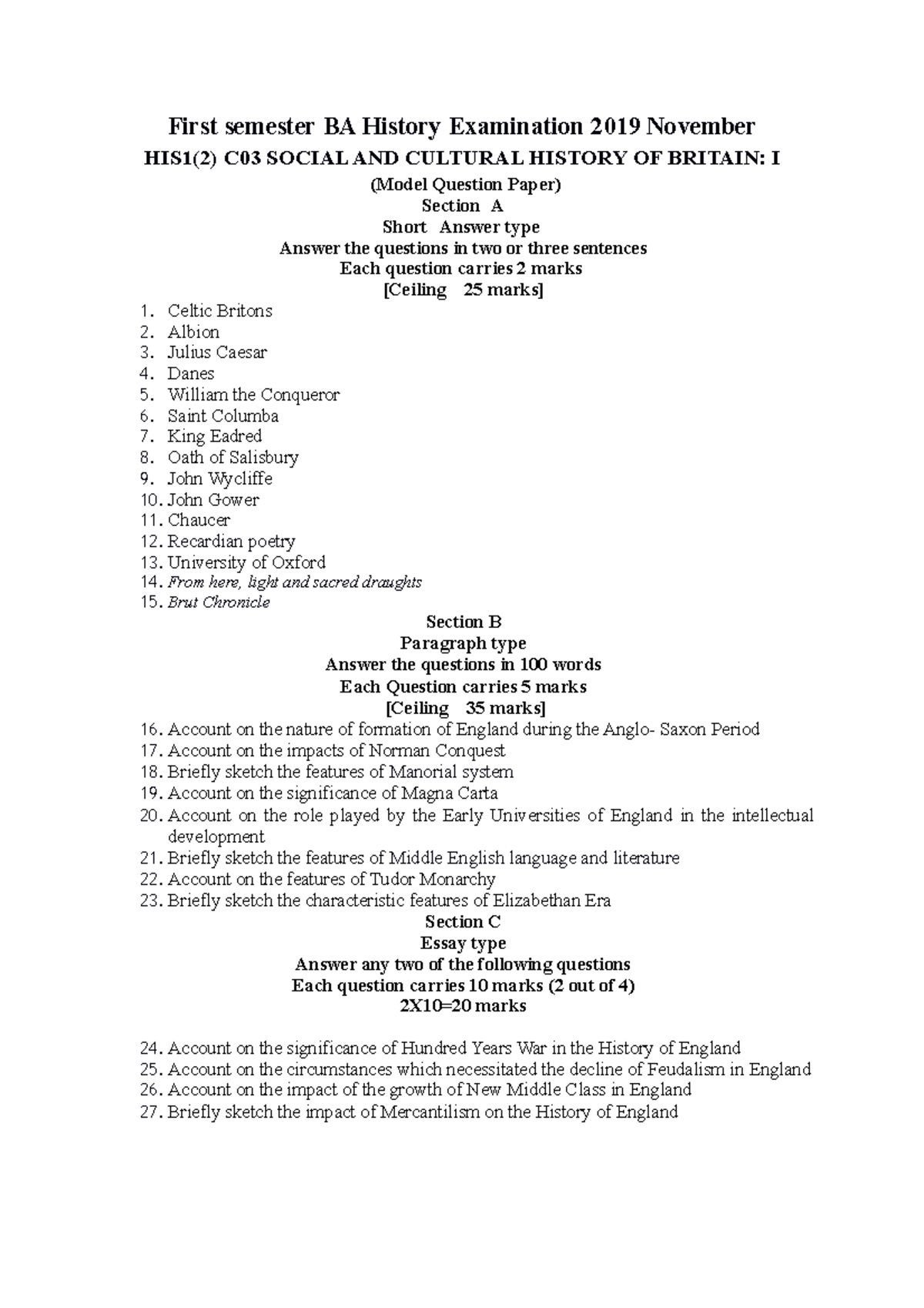 Model Question Papers HIS12 C03 Social AND Cultural History OF Britain ...