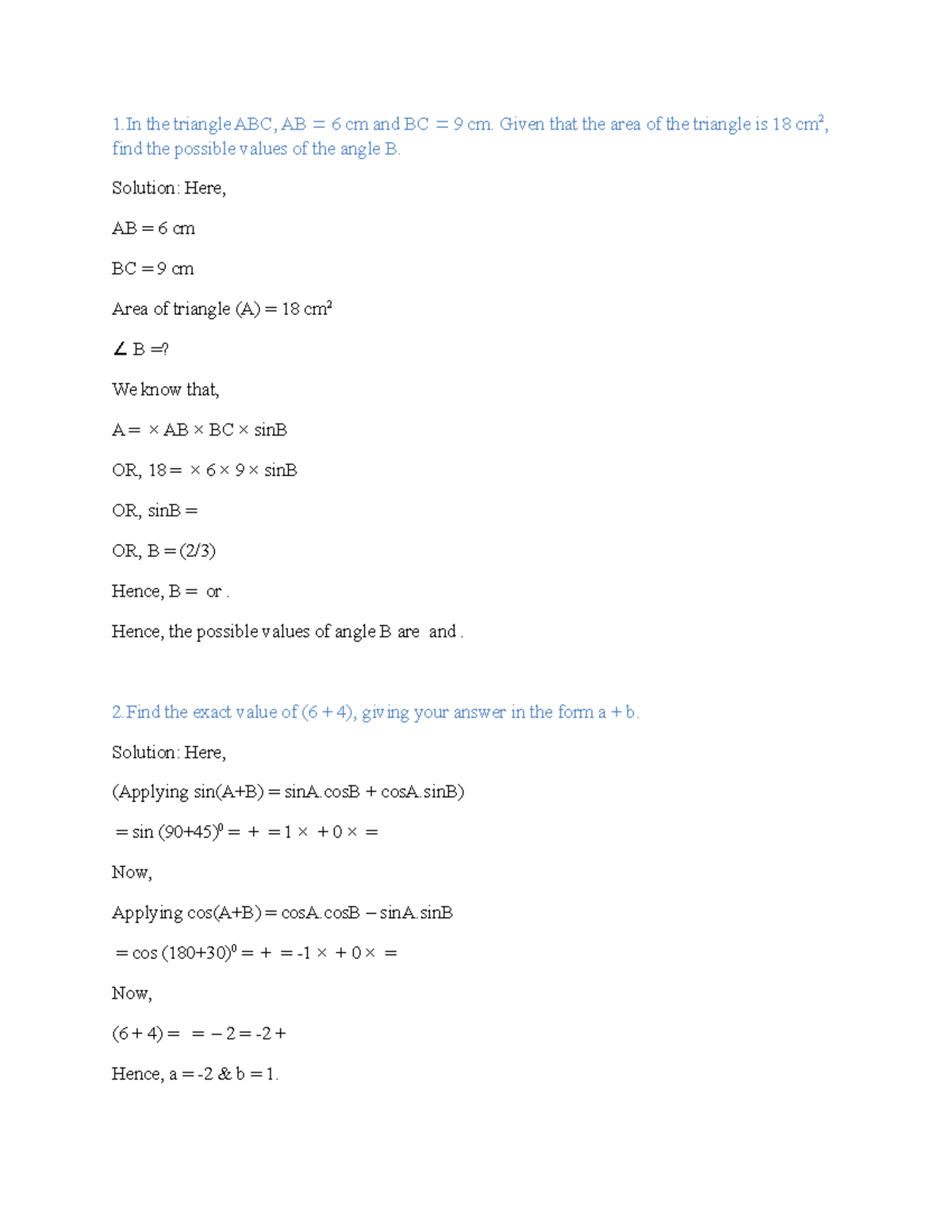 AB - Practice materials to learn more - 1 the triangle ABC, AB 6 cm and ...