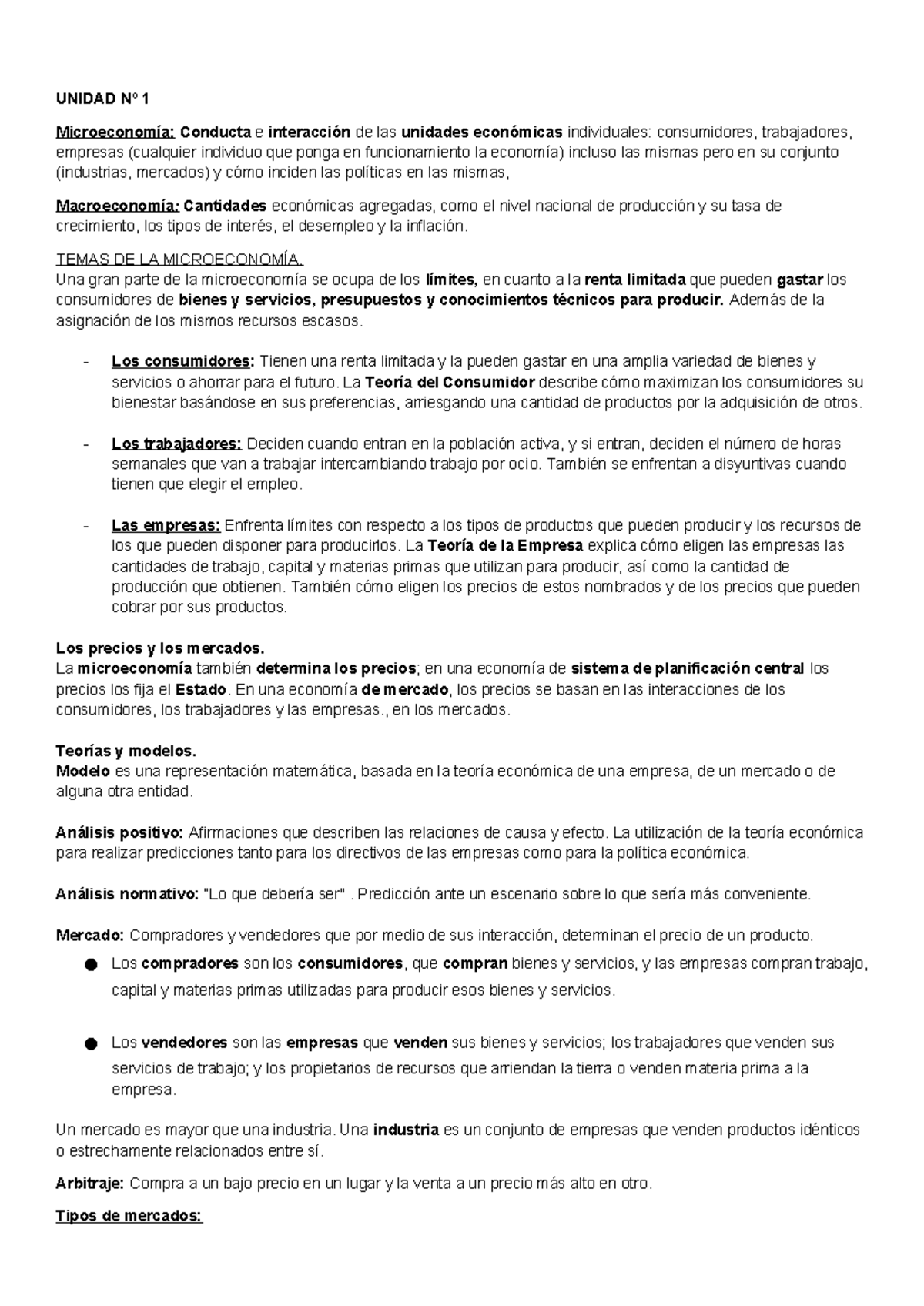 Resumen Unidad 1 A. Micro - UNIDAD Nº 1 Microeconomía: Conducta e ...