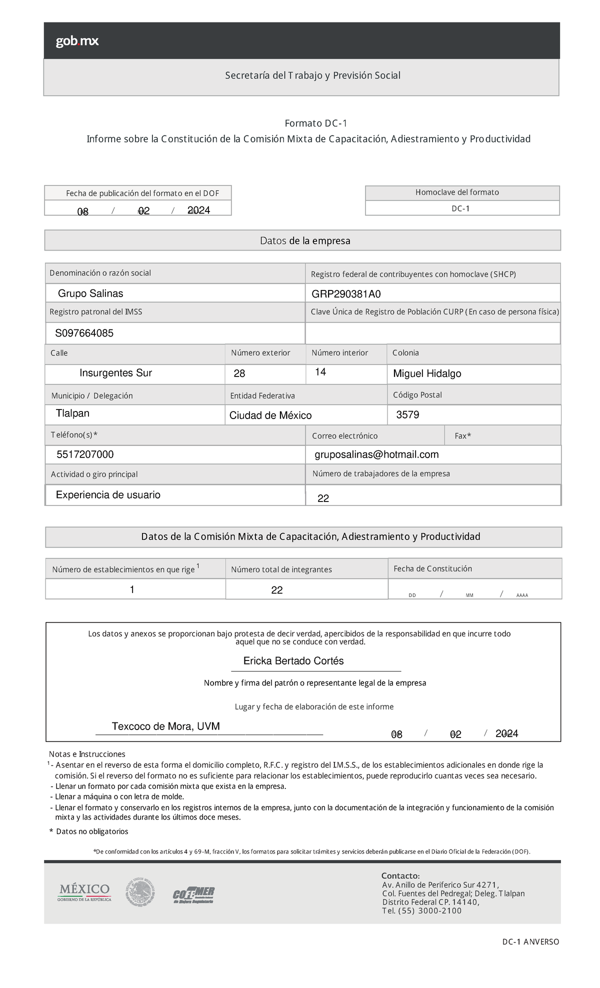 Formato DC-1 Gob Mx opt - Contacto: DD / MM / AAAA Homoclave del ...