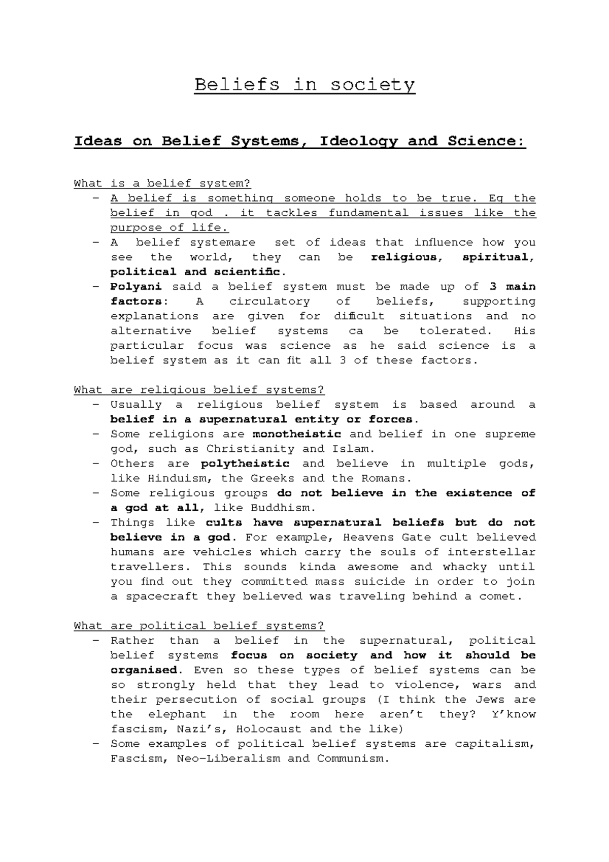 Beliefs Revision revision notes - Beliefs in society Ideas on Belief ...