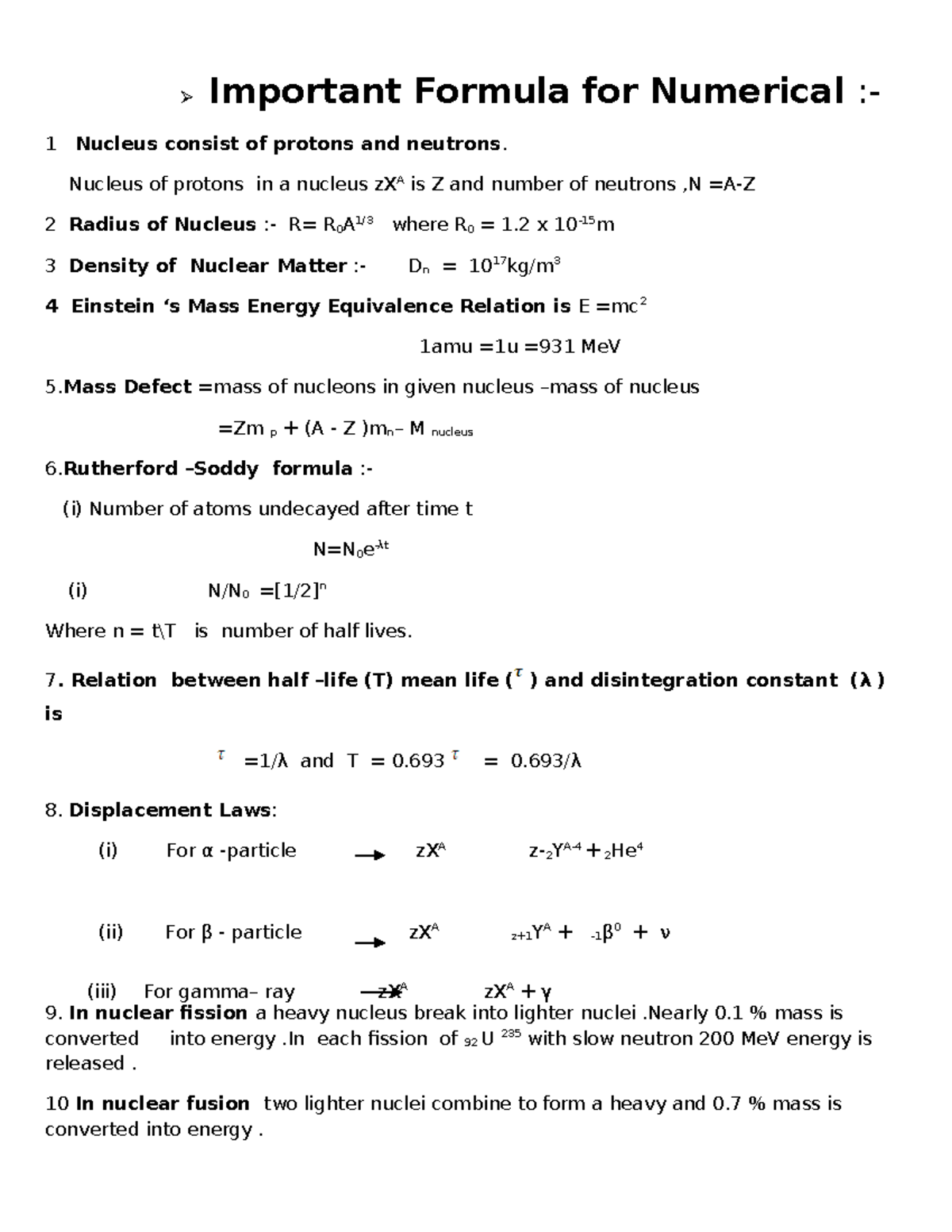 292285632 Atoms AND Nuclei doc - Important Formula for Numerical :- 1 ...