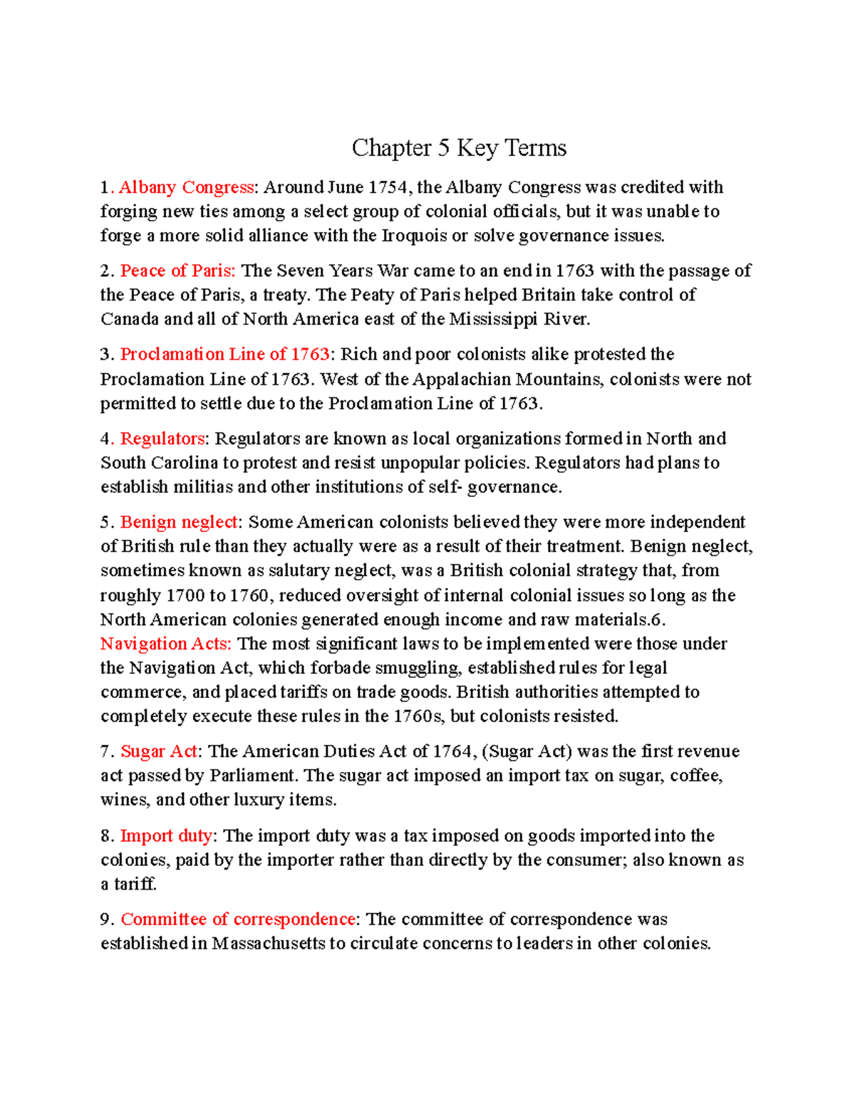 Chapter 5 Key Terms - Chapter 5 Key Terms Albany Congress: Around June ...