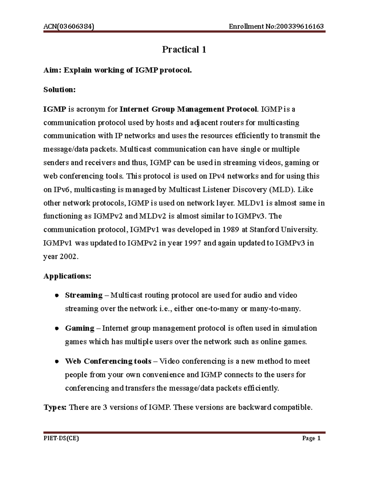 Prac-1 Explain working of IGMP protocol. - Practical 1 Aim: Explain ...