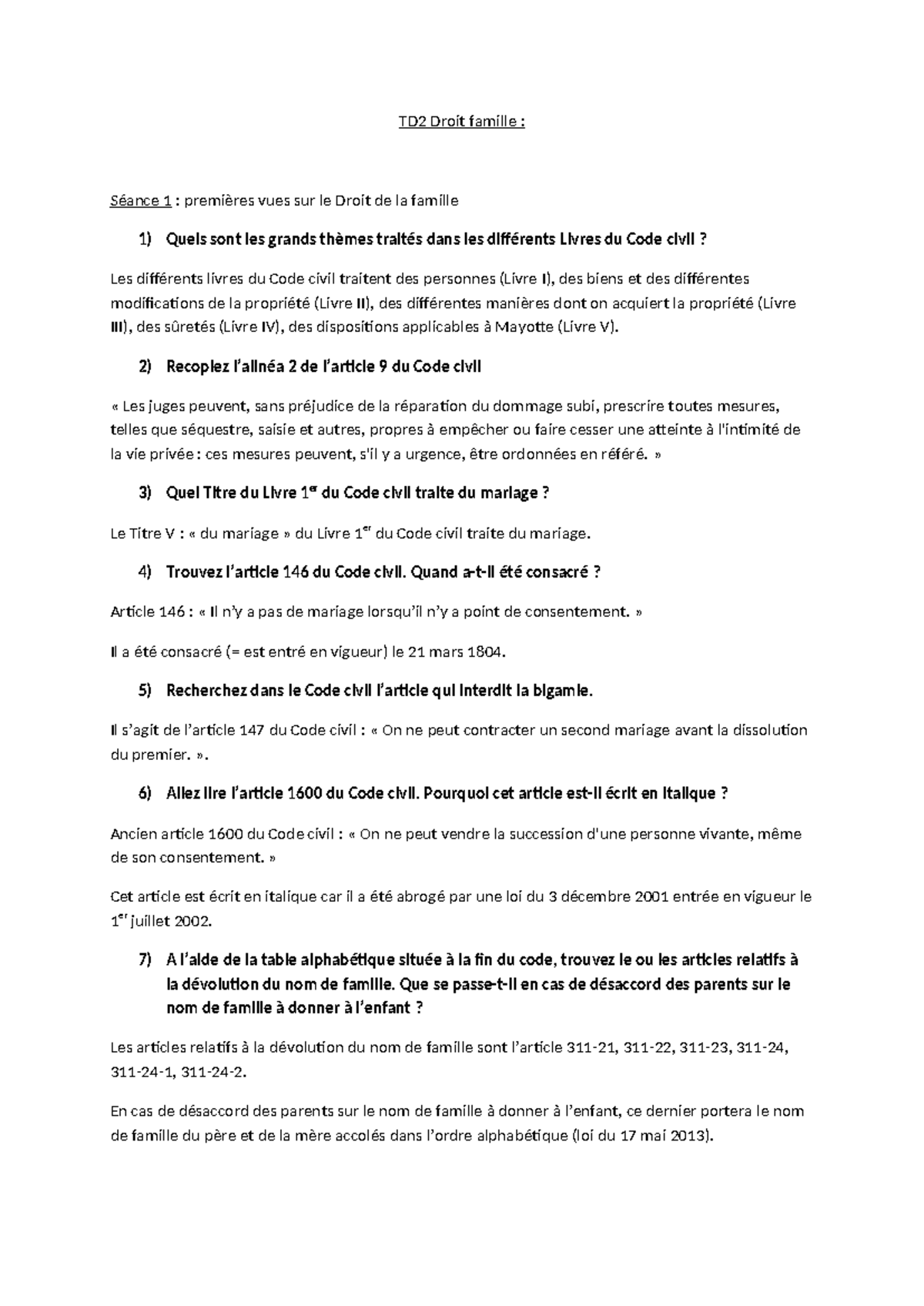 TD Droit famille - Recopiez l’alinéa 2 de l’article 9 du Code civil ...