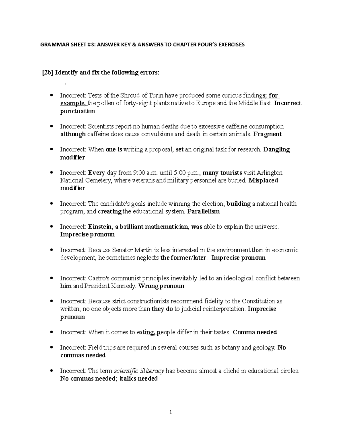 Grammar Sheet 3 Answer KEY - GRAMMAR SHEET #3: ANSWER KEY & ANSWERS TO ...