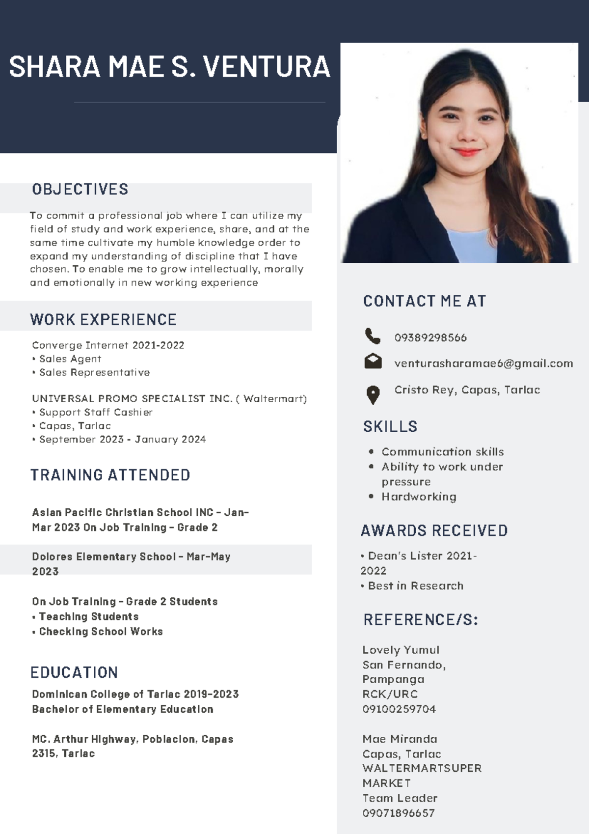 Shara MAE Ventura Resume - OBJECTIVES TRAINING ATTENDED CONTACT ME AT ...