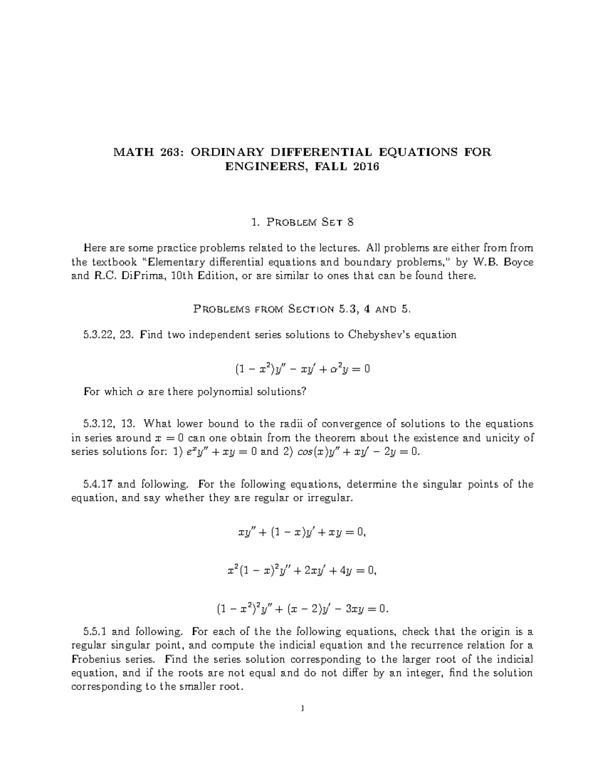 Problem Set 8 MATH 263 ORDINARY DIFFERENTIAL EQUATIONS FOR ENGINEERS problem-set-8-math-263-ordinary-differential-equations-for-engineers