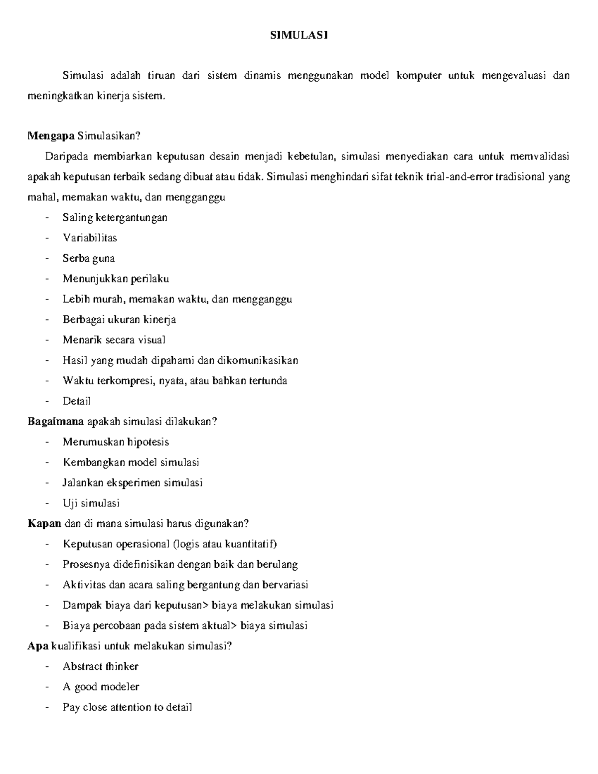 Resume Simkom - SIMULASI Simulasi adalah tiruan dari sistem dinamis ...