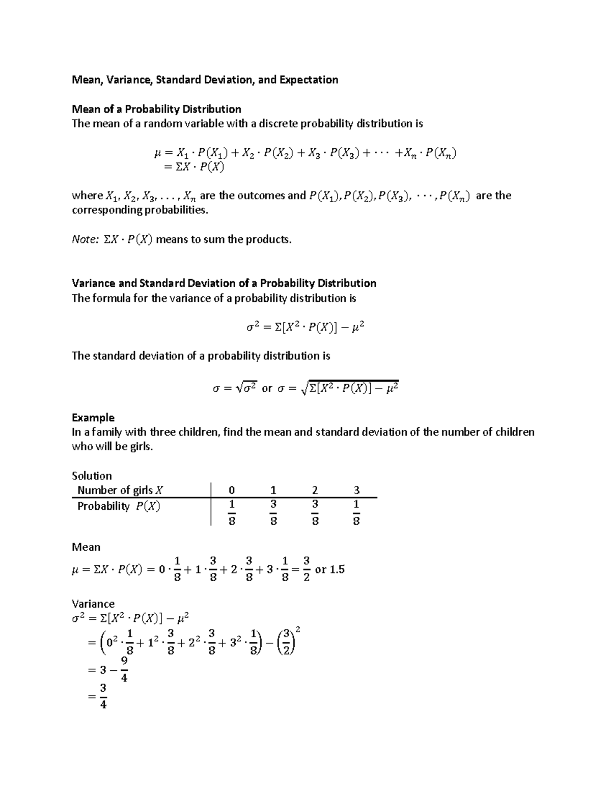 Mean, Standard Deviation, and Expectation of Probability Distributions - Mean, Variance ...