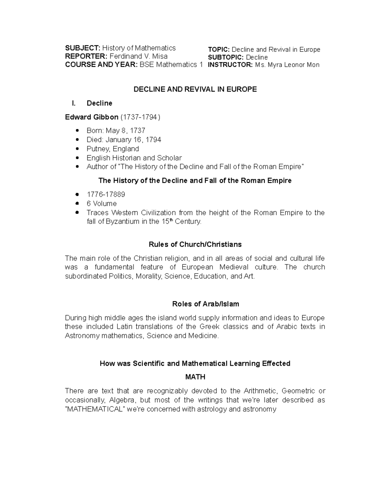 Decline - notes only - SUBJECT: History of Mathematics REPORTER ...