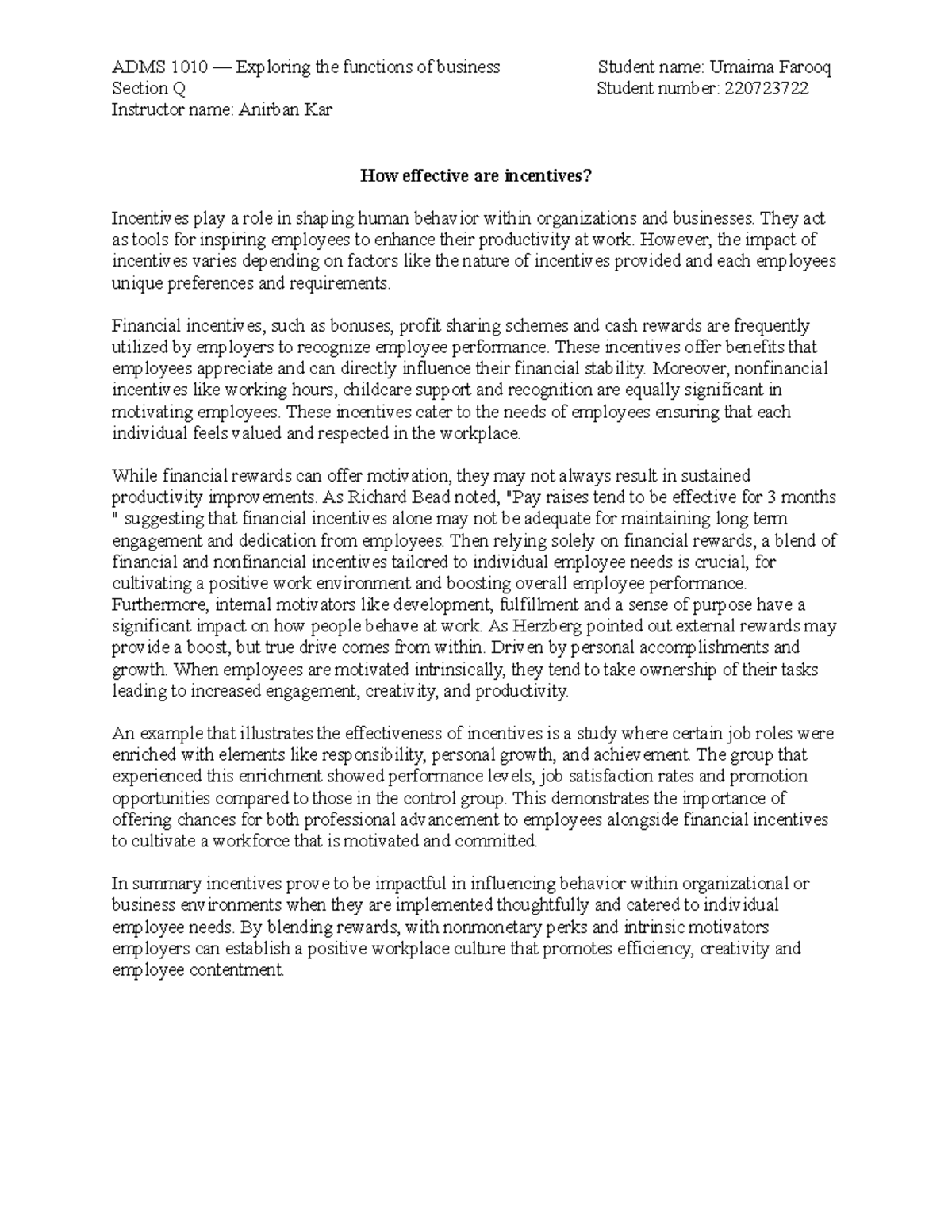 ADMS 1010 — 1st assignment - ADMS 1010 — Exploring the functions of business Student name ...