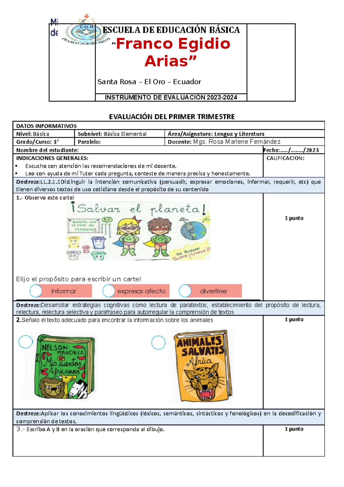 Pruebas DEL 1 Trimestre DE 3ER Grado 2023 - EVALUACIÓN DEL PRIMER ...
