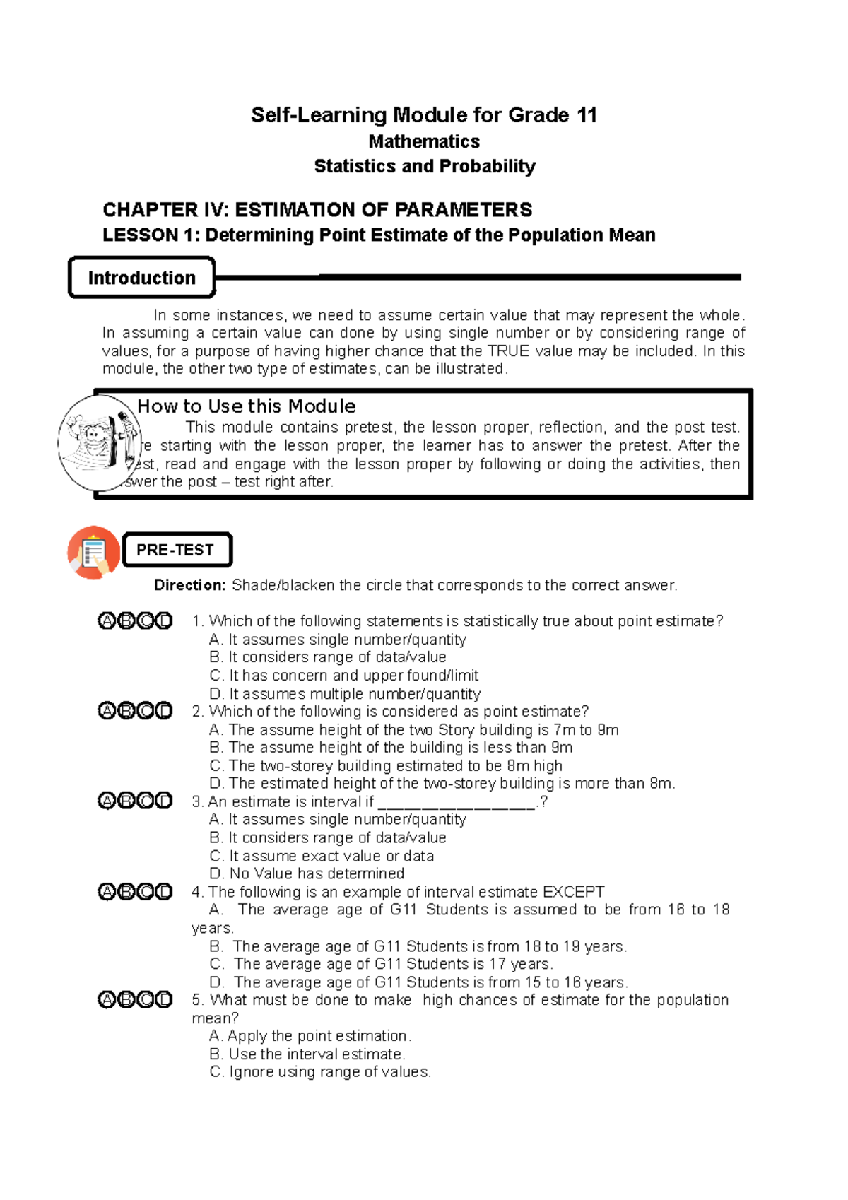 Chapter IV Estimation of Parameters Statistics and Probability - Self ...