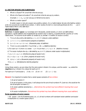 Handout Section 1 - LN-4.1 Vector Spaces and Subspaces - Page 1 of 3 Math 232 Dr. K. Subedi 1 ...