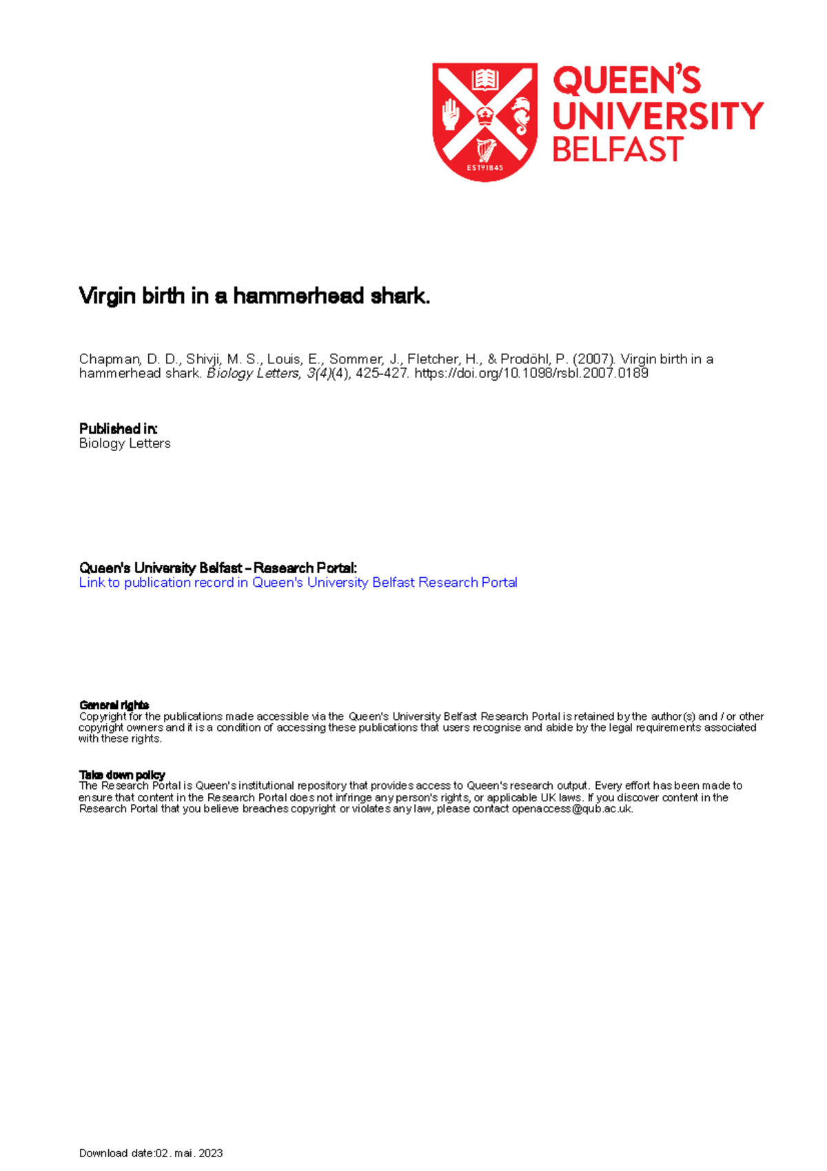 - Virgin birth in a hammerhead shark - Chapman, D. D., Shivji, M. S ...