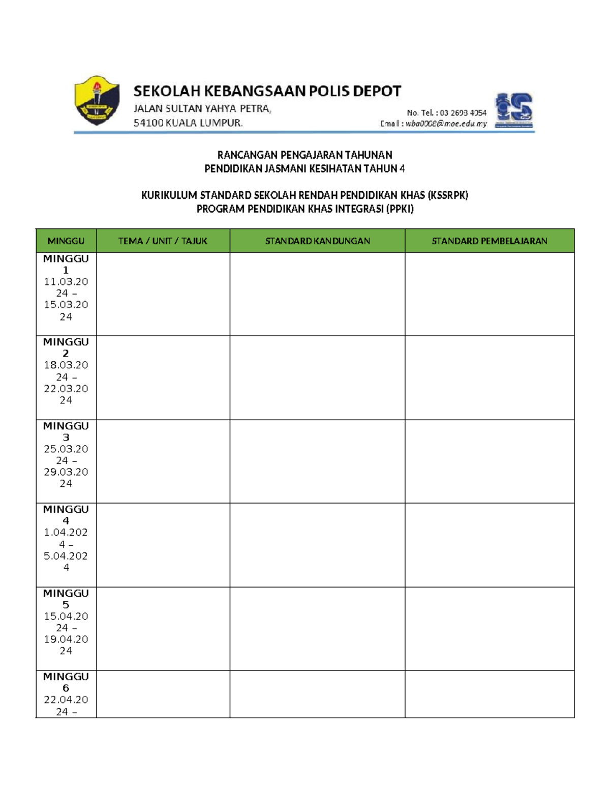 Format RPT 2024 - RANCANGAN PENGAJARAN TAHUNAN PENDIDIKAN JASMANI ...