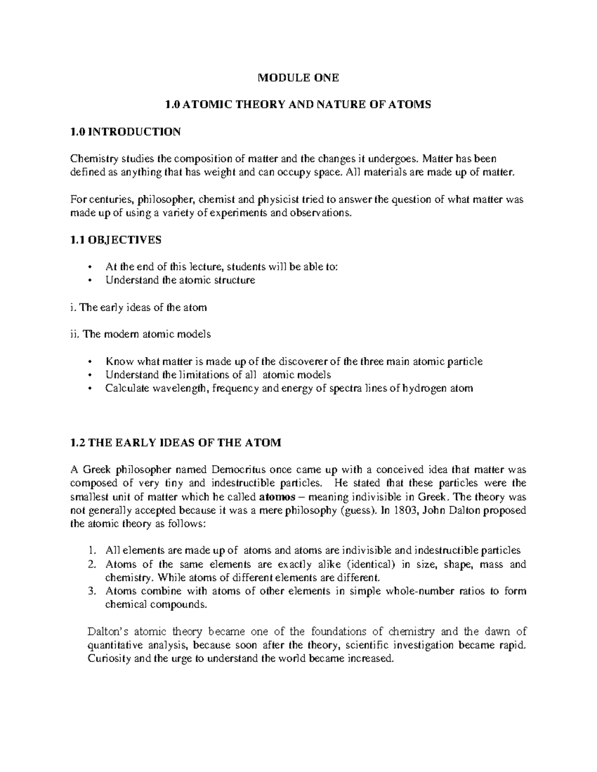 Module ONE Comprehensive TEXT - MODULE ONE 1 ATOMIC THEORY AND NATURE ...