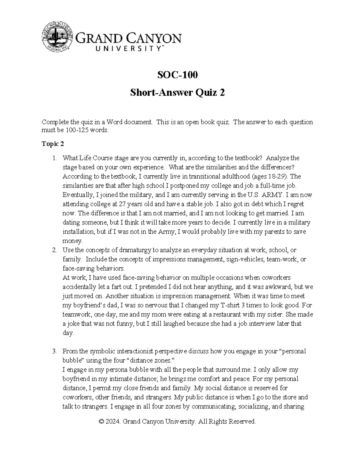 SOC-100 QUIZ 2 - Everyday Sociology Short answer Quiz 2 - SOC- Short ...
