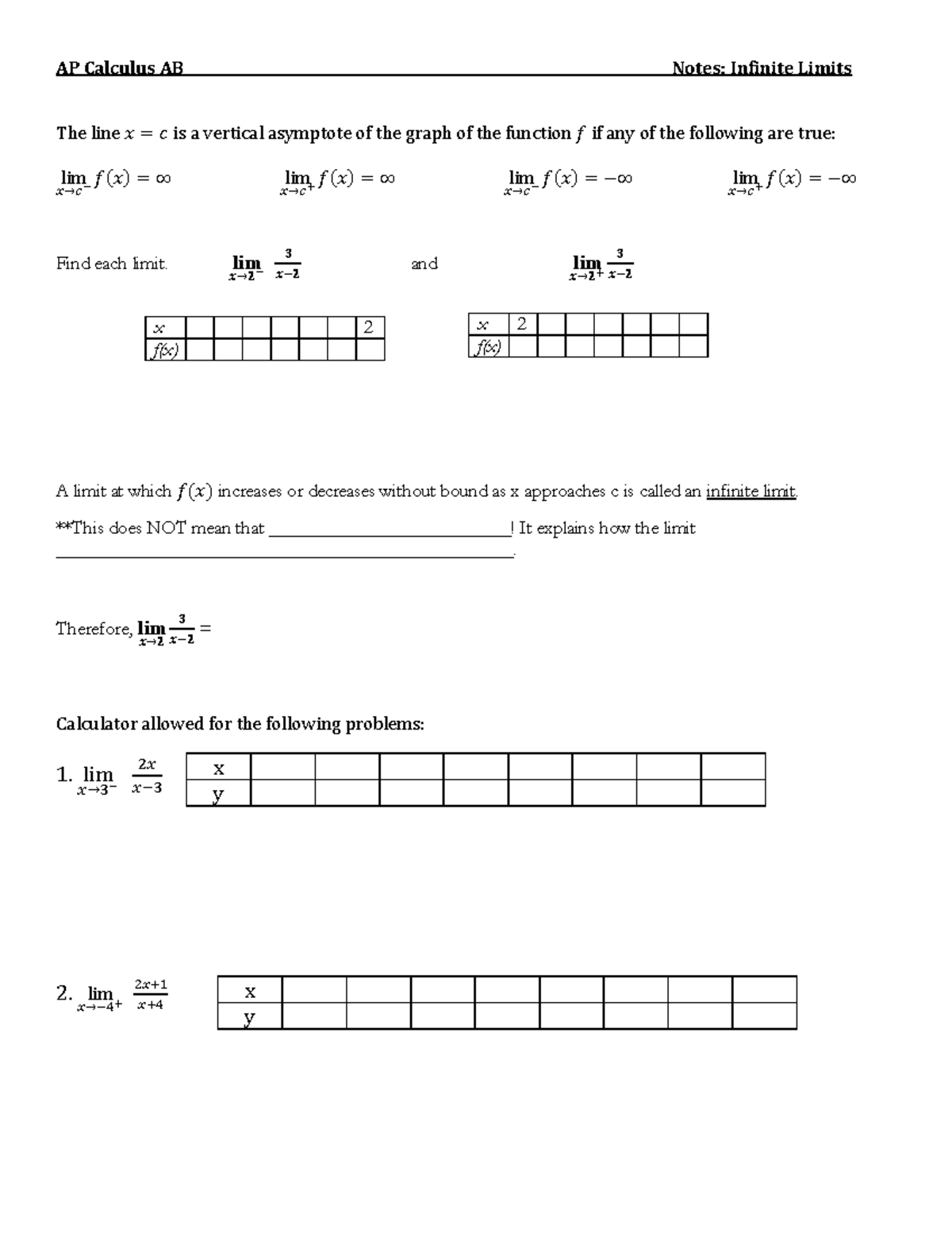 Infinite Limits 2018 - dafd13 - AP Calculus AB Notes: Infinite Limits ...