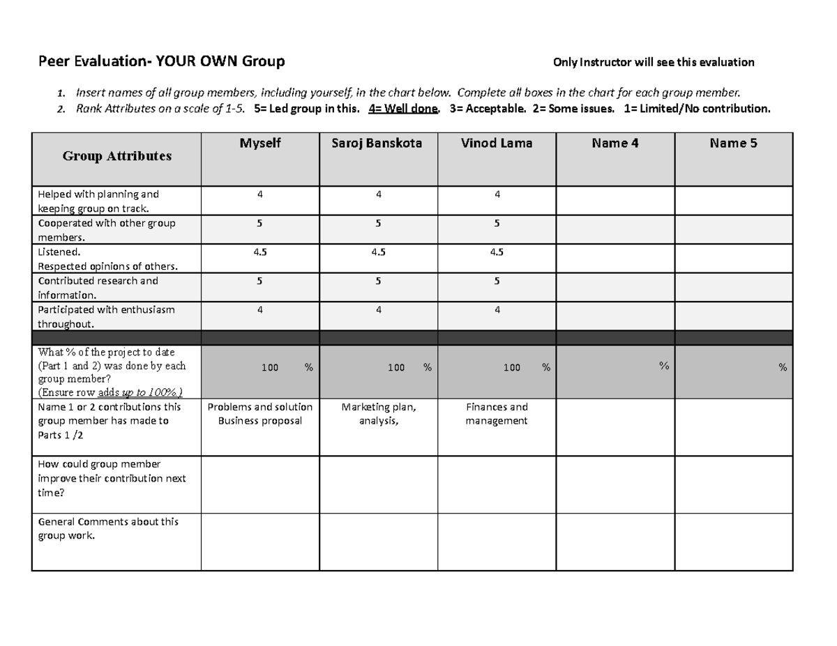 Group Project Part 2 - Own Group Assessment - Peer Evaluation- YOUR OWN ...
