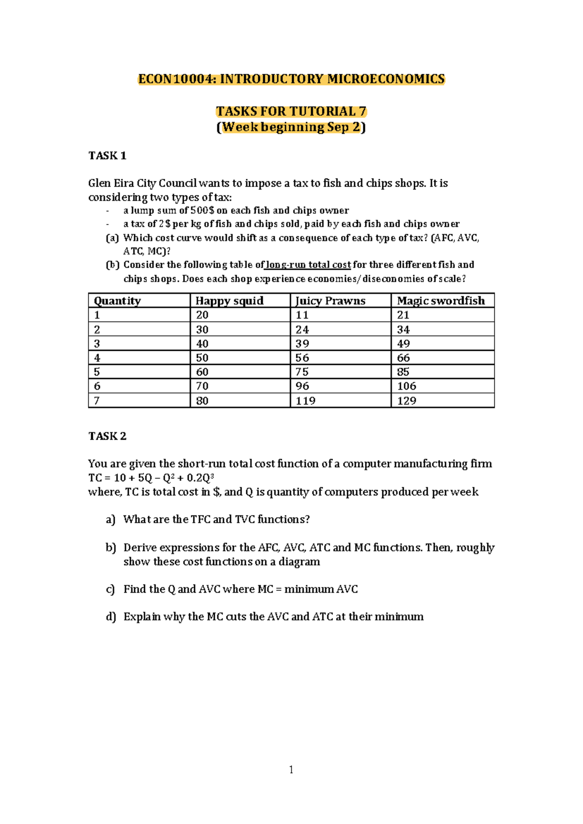 Week 7 Tutorial Questions 1 Econ10004 Introductory Microeconomics Tasks For Tutorial 7 Week