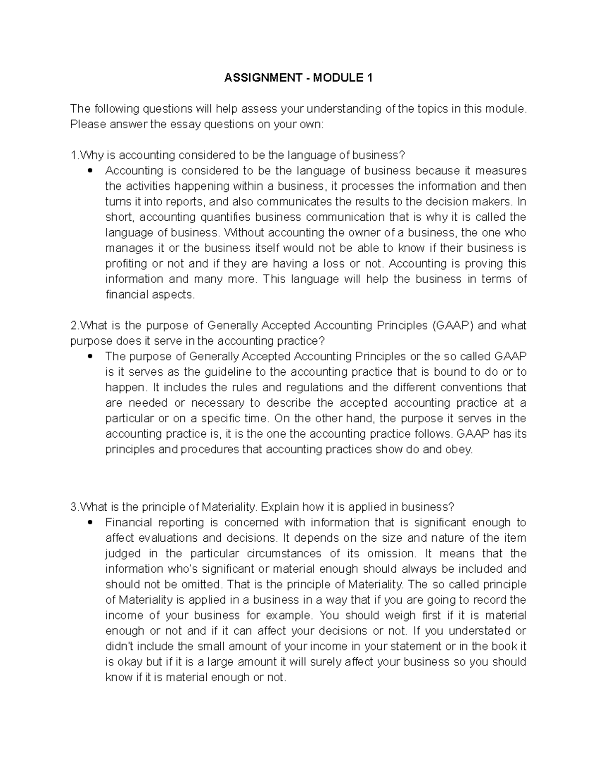 Assignment - module 1 - ASSIGNMENT - MODULE 1 The following questions will help assess your ...
