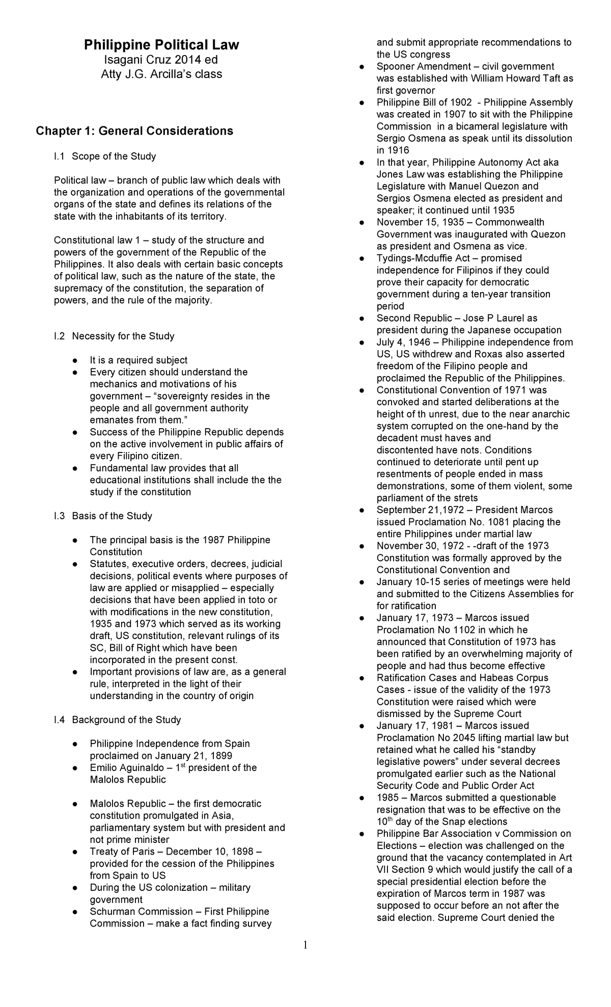 Constitutional Law 1 - Reviewer - Philippine Political Law Isagani Cruz 2014 ed Atty J. Arcilla ...