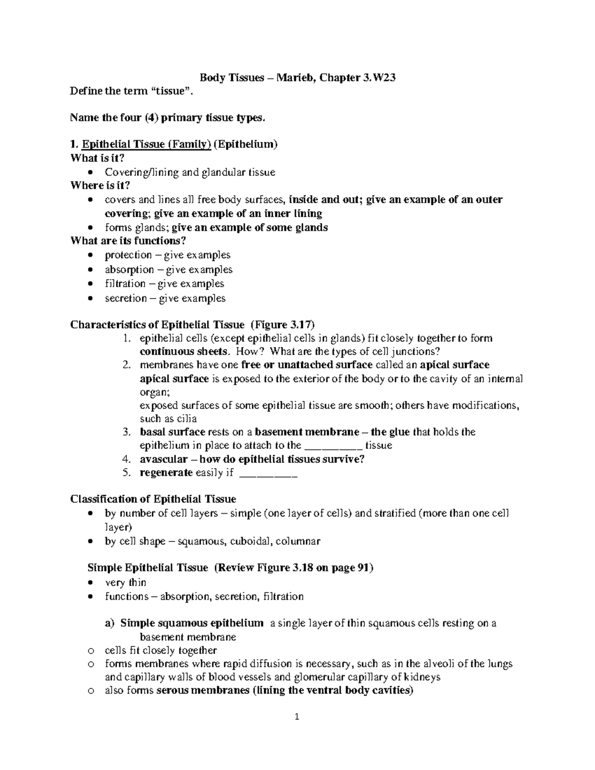 ANAT113 Body Tissues Week 2 - Body Tissues – Marieb, Chapter 3 Define ...