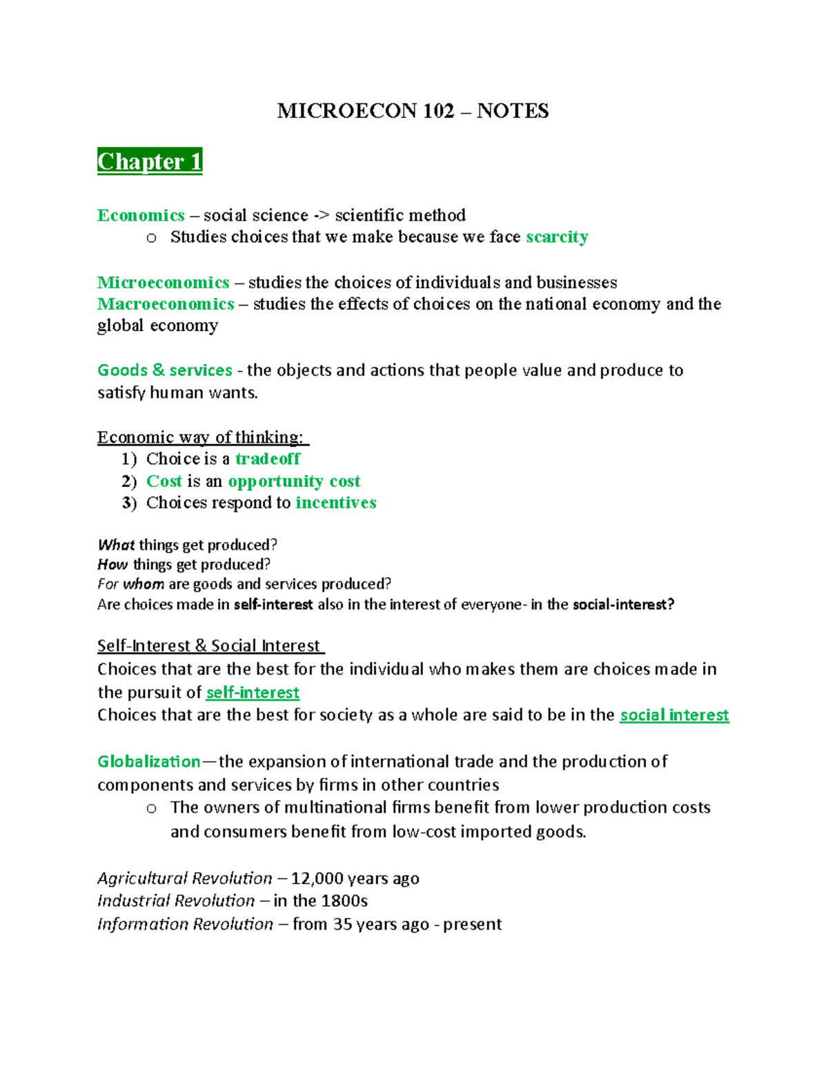 Notes 1-6 - MICROECON 102 – NOTES Chapter 1 Economics – social science ...