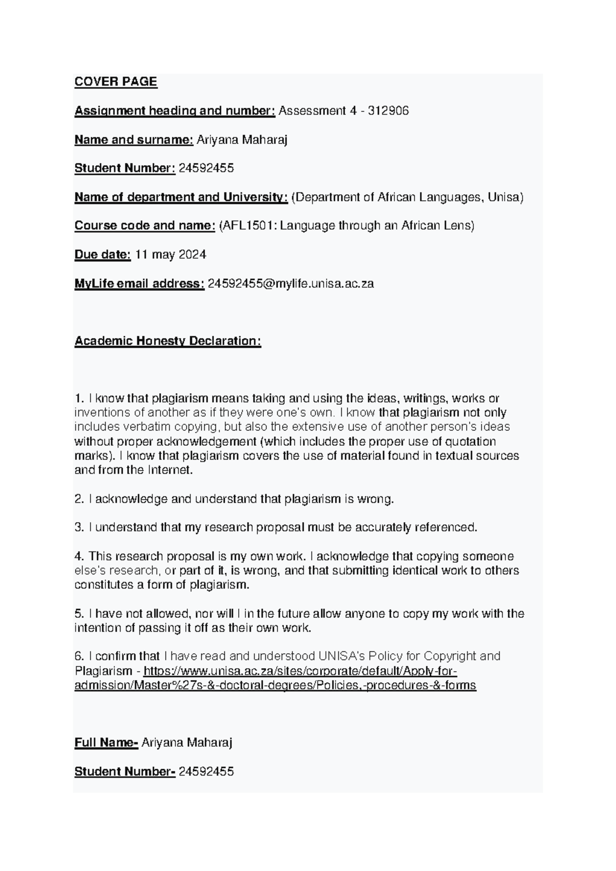 AFL1501-Assessment 04 - COVER PAGE Assignment heading and number: Assessment 4 - 312906 Name and ...