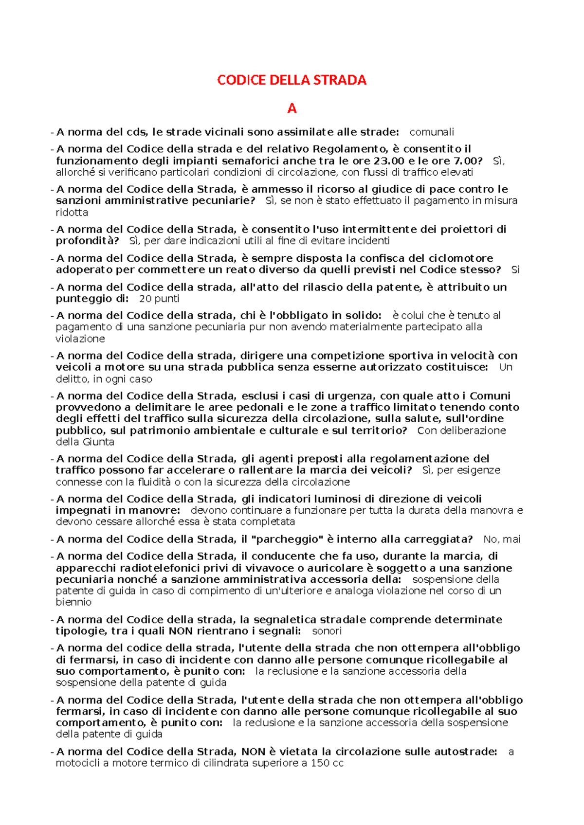 1 Codice Della Strada - CODICE DELLA STRADA A A norma del cds, le ...