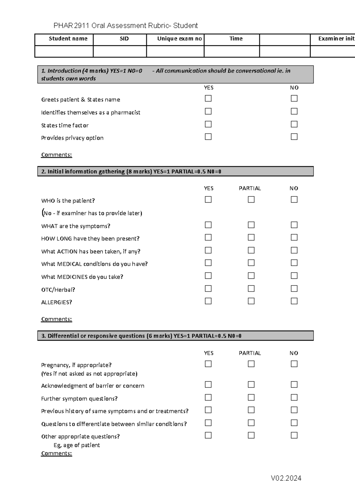 PHAR911 P&PP2 Rubric.Oral assessment guide 2024 - PHAR 2911 Oral ...