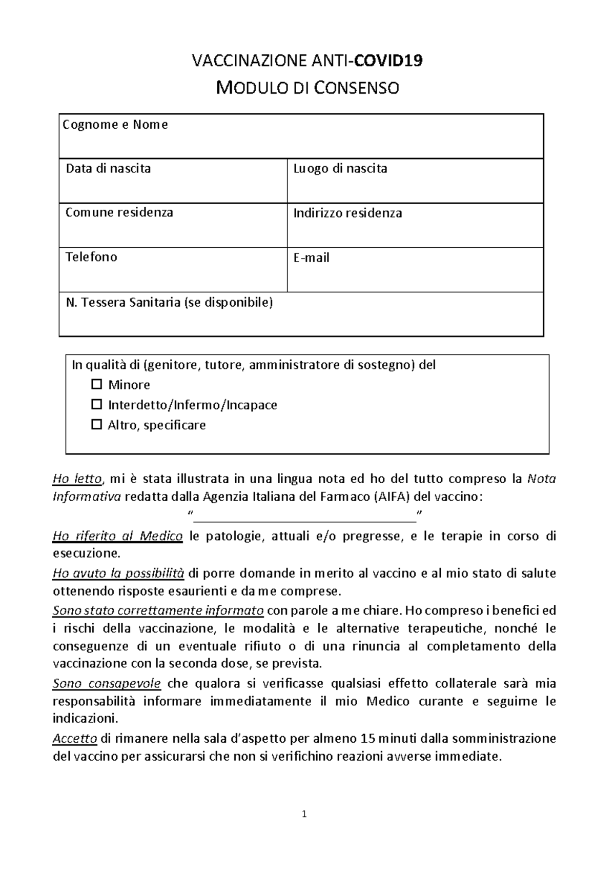 modulo Consenso Vaccinazione anti- Covid 19 - Sperimentazione Clinica ...