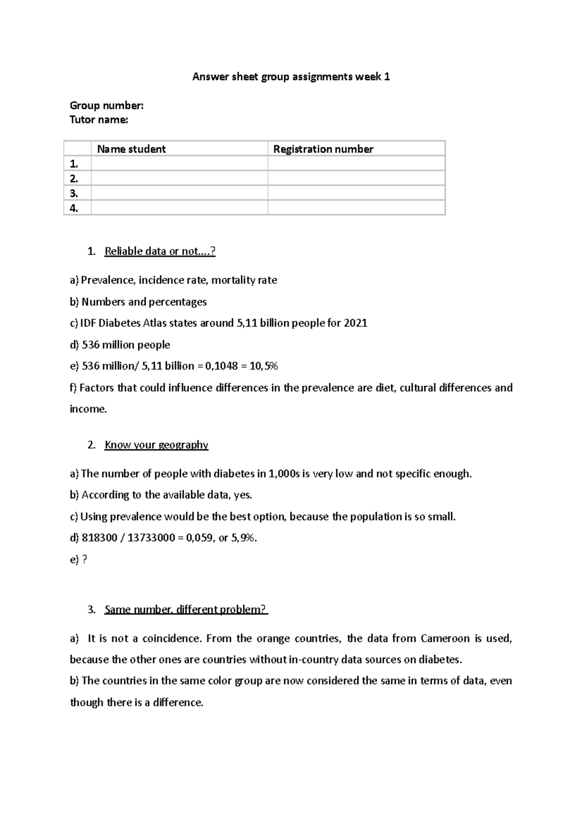 Answer sheet group assignment week one - Answer sheet group assignments ...