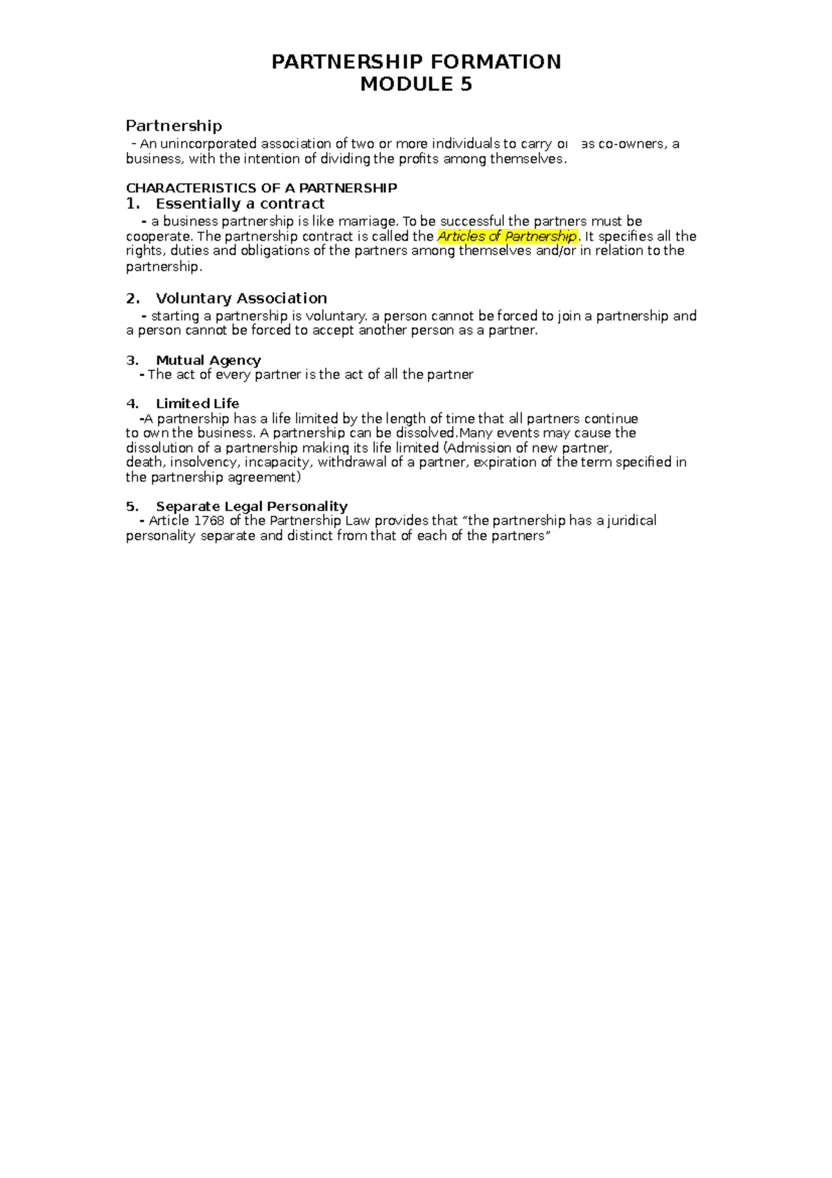 Characteristics OF A Partnership - PARTNERSHIP FORMATION MODULE 5 ...