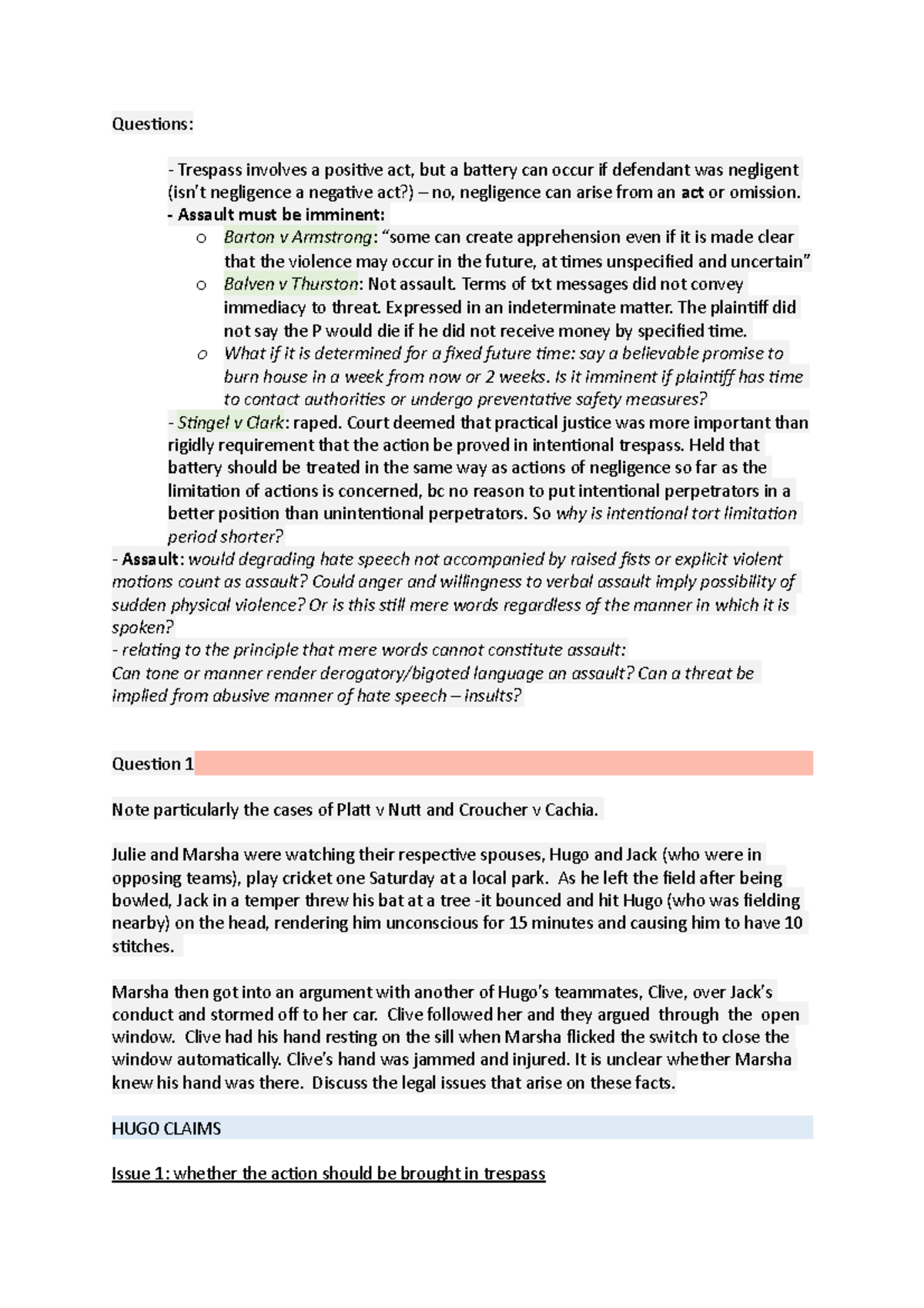 Wk 3 torts tut prep - Tutorial notes - both from preparation and in ...