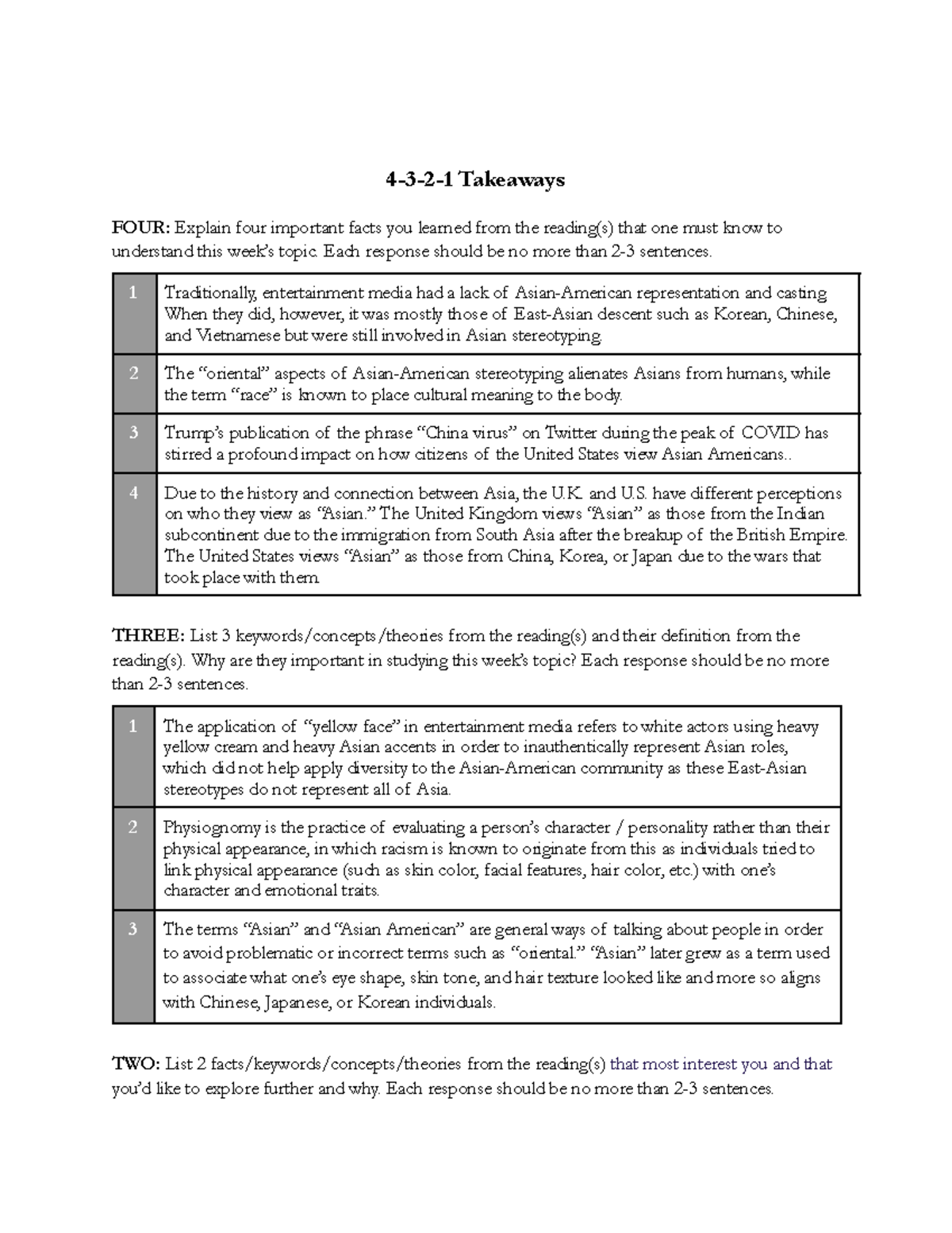 Week 13 4-3-2-1 Takaways-2 - 4-3-2-1 Takeaways FOUR: Explain four ...